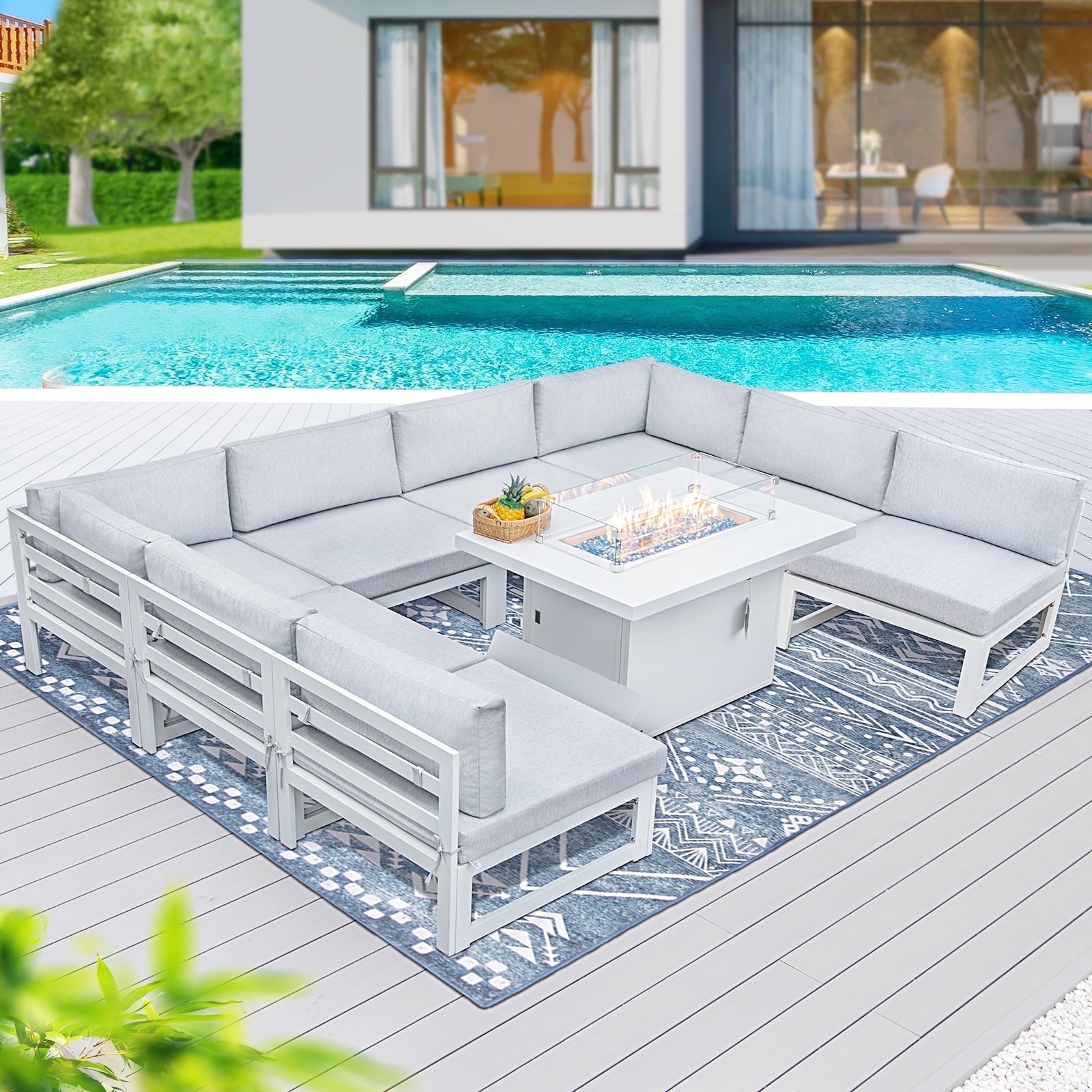 NICESOUL 9 Pcs Aluminum Patio Furniture with Fire Pit Conversation Set ...