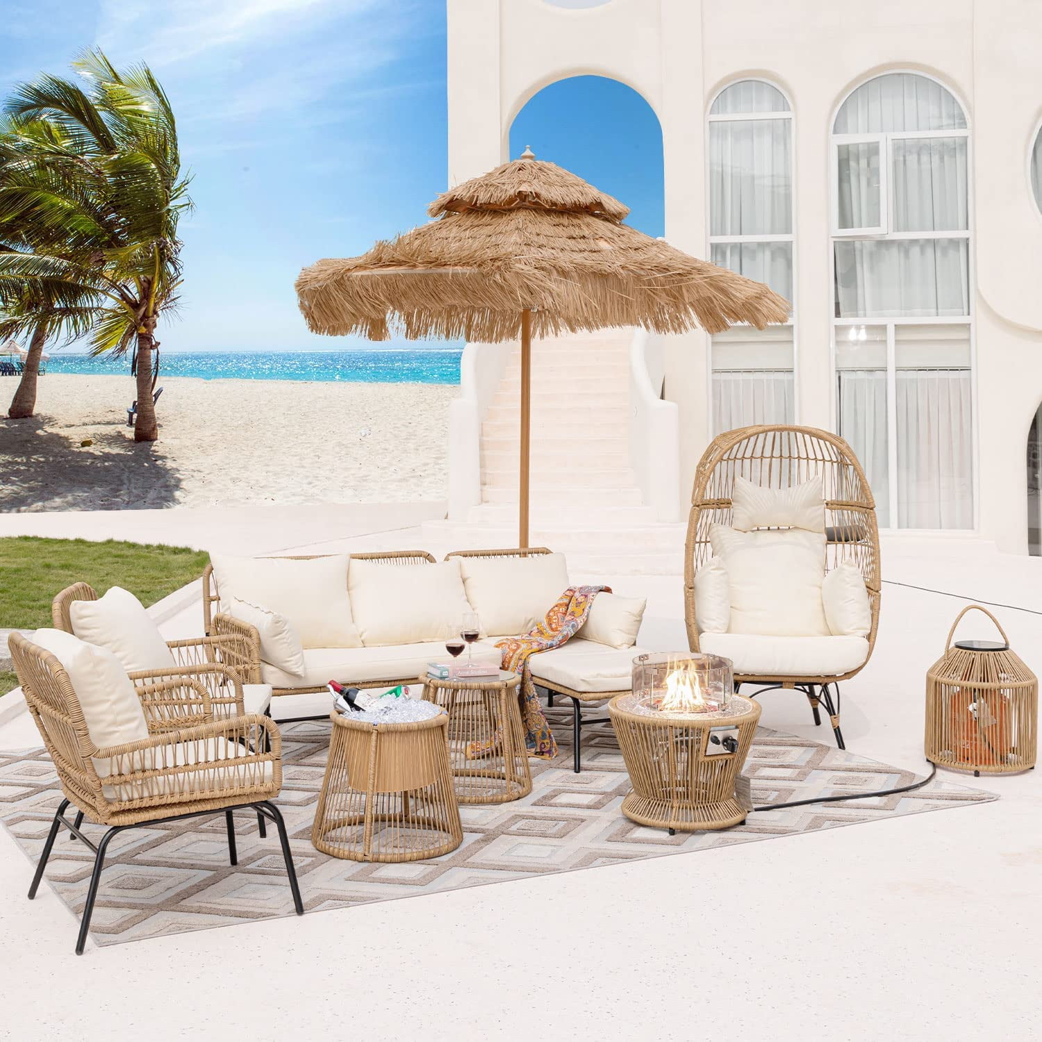 NICESOUL 9 Pcs Boho Outdoor Furniture Set with Fire Pit Table Wicker ...