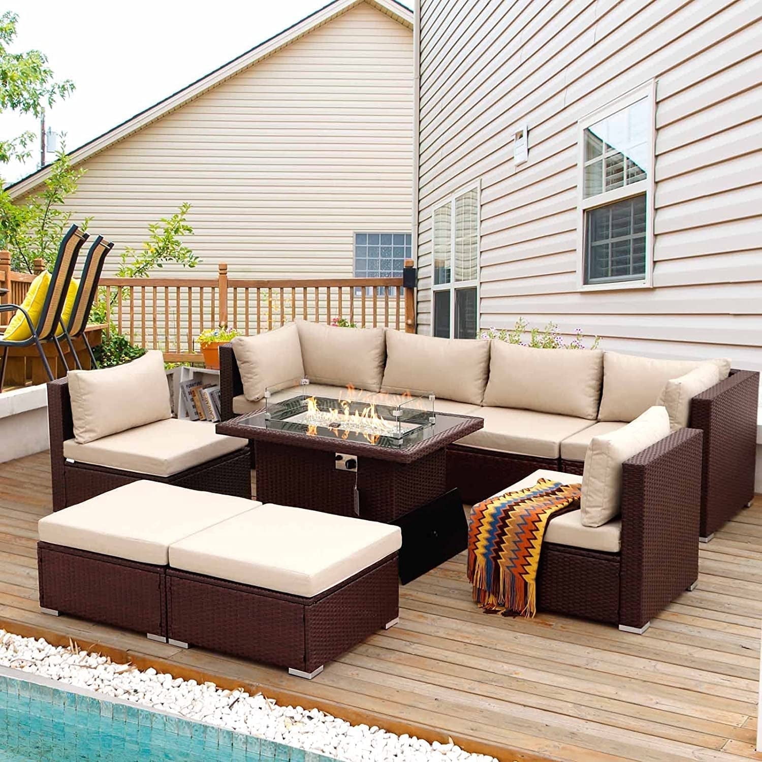 NICESOUL 9 Pcs Patio Seating Conversation Set with Fire Pit, Espresso ...