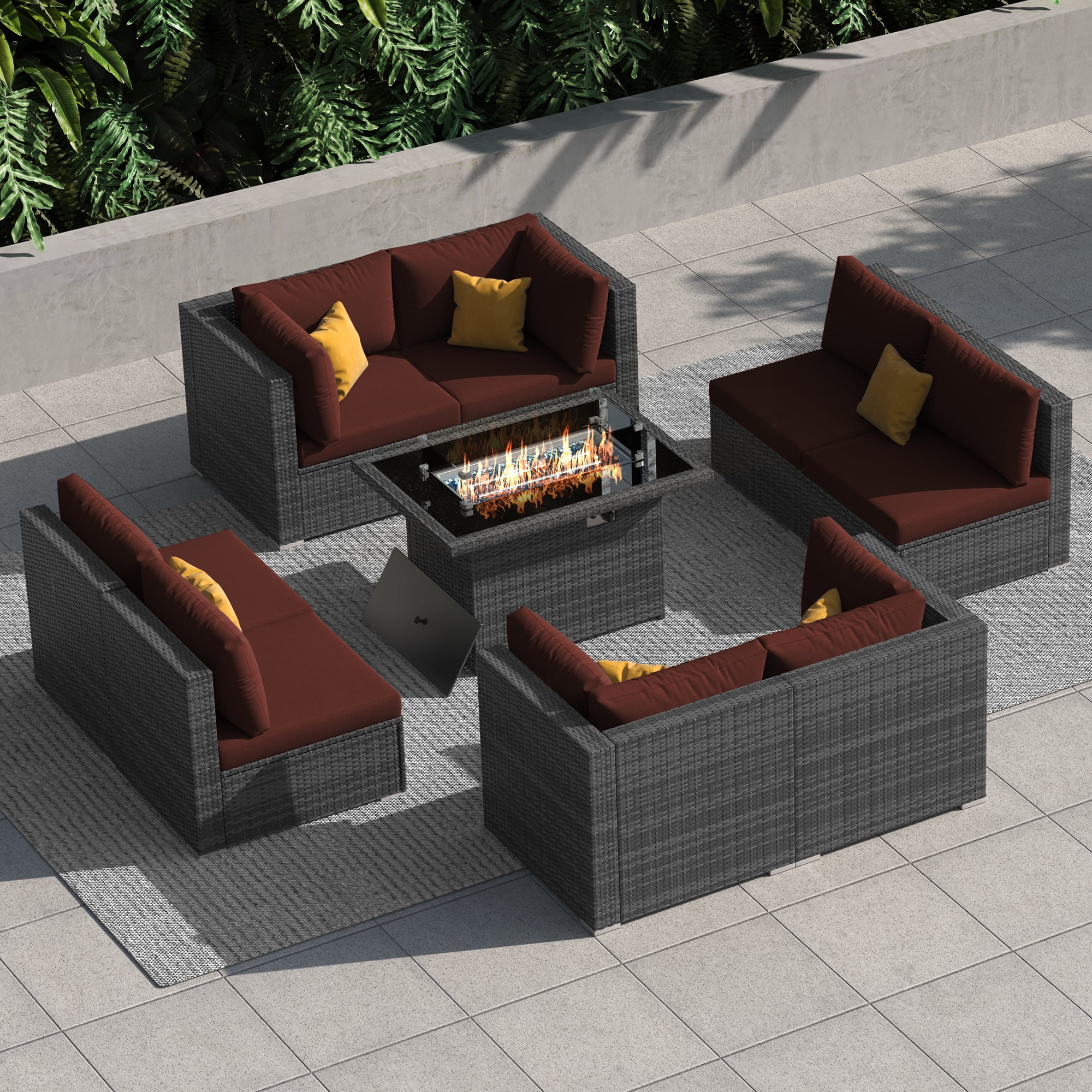 RADIATA 9 Pcs Outdoor Furniture with Fire Pit Table Wicker Patio Sofa ...