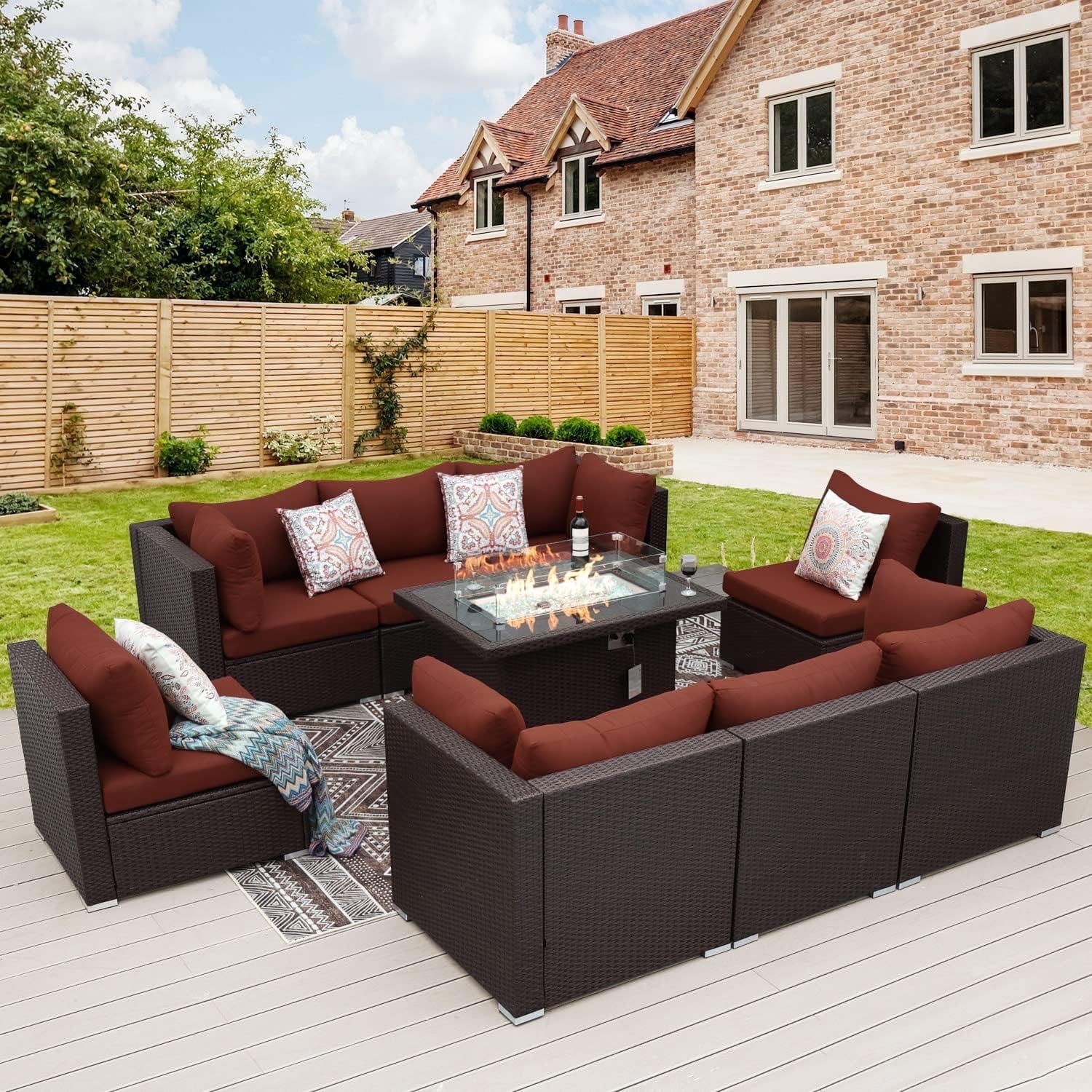 NICESOUL 9 Pcs Outdoor Sofa Set with Fire Pit Table Wicker Sectional ...