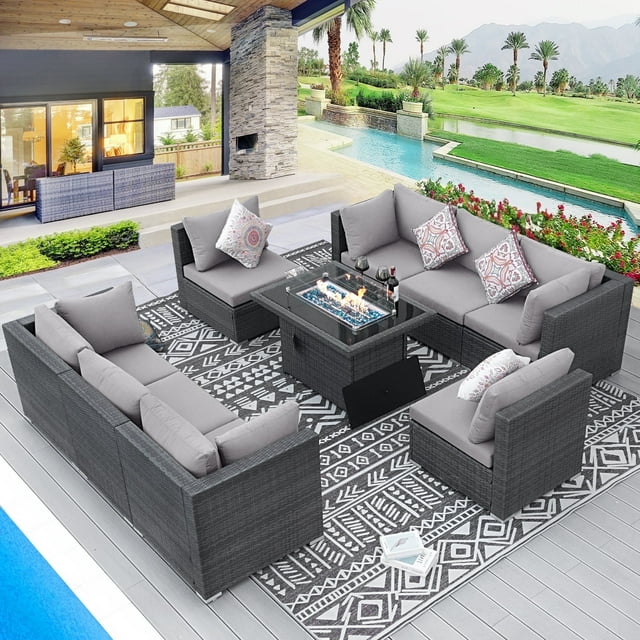NICESOUL 9 Pcs Rattan Outdoor Patio Sets with Fire Pit Table Light Gray ...