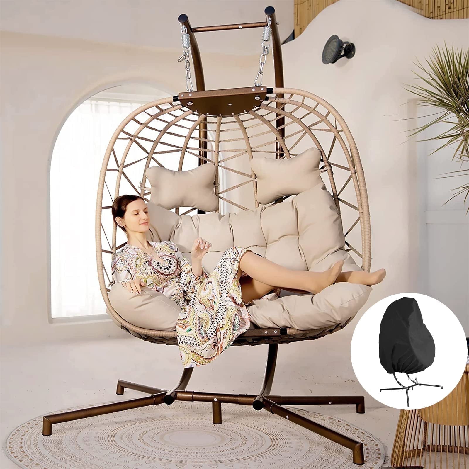 RADIATA Double Swing Egg Chair, Steel Frame, Brown, 2-Person, Cushions ...