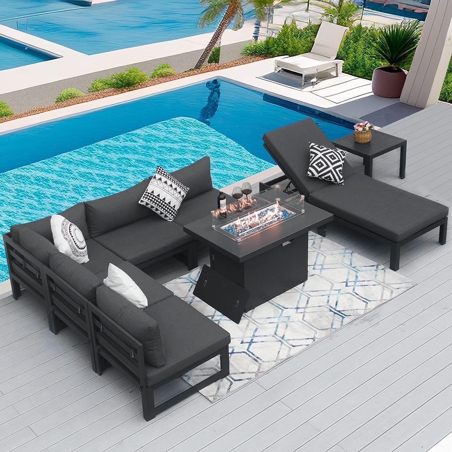 NICESOUL® 8pc Aluminum Outdoor Furniture Set with Propane Fire Pit ...