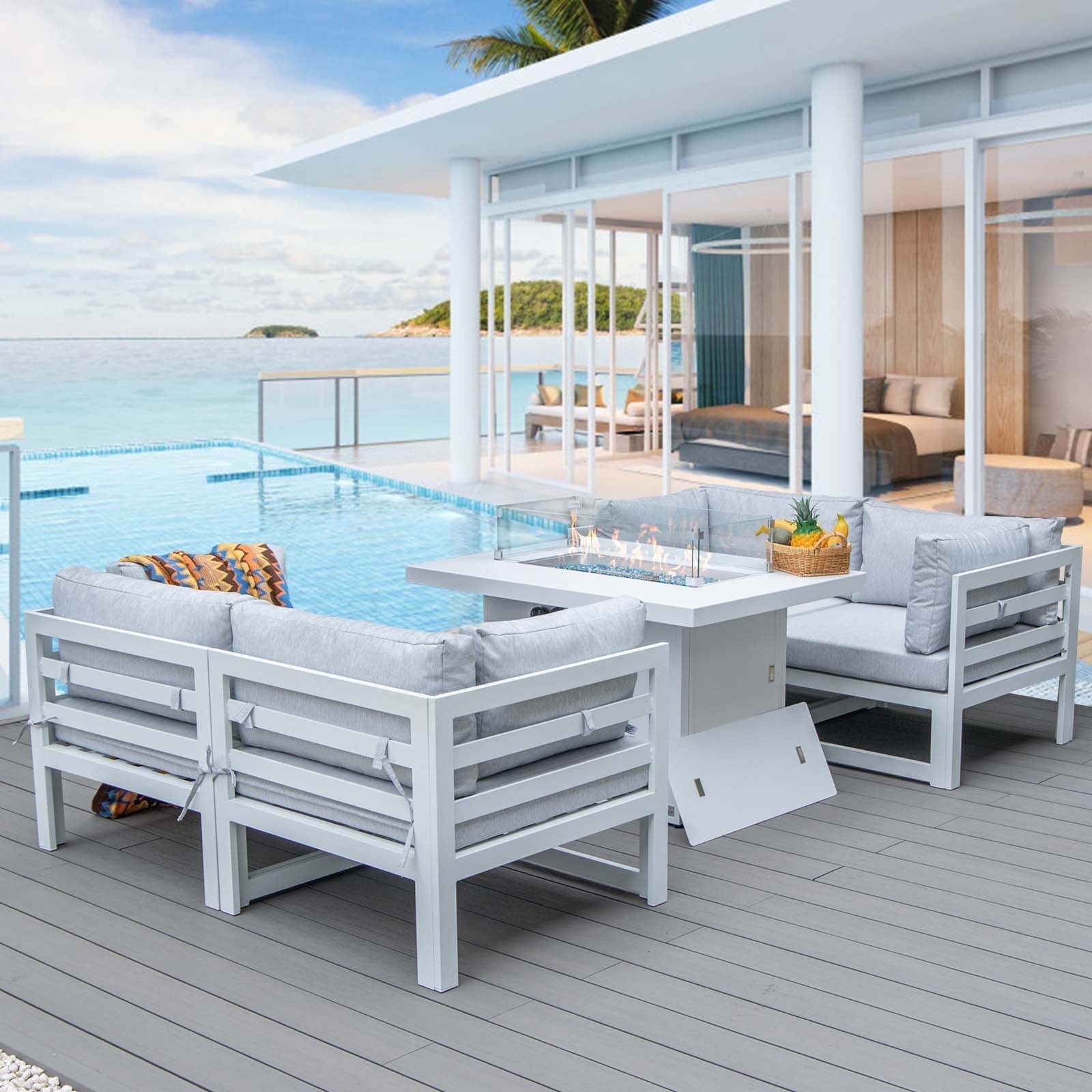 NICESOUL Aluminum Patio Furniture with Fire Pit Conversation Set with ...