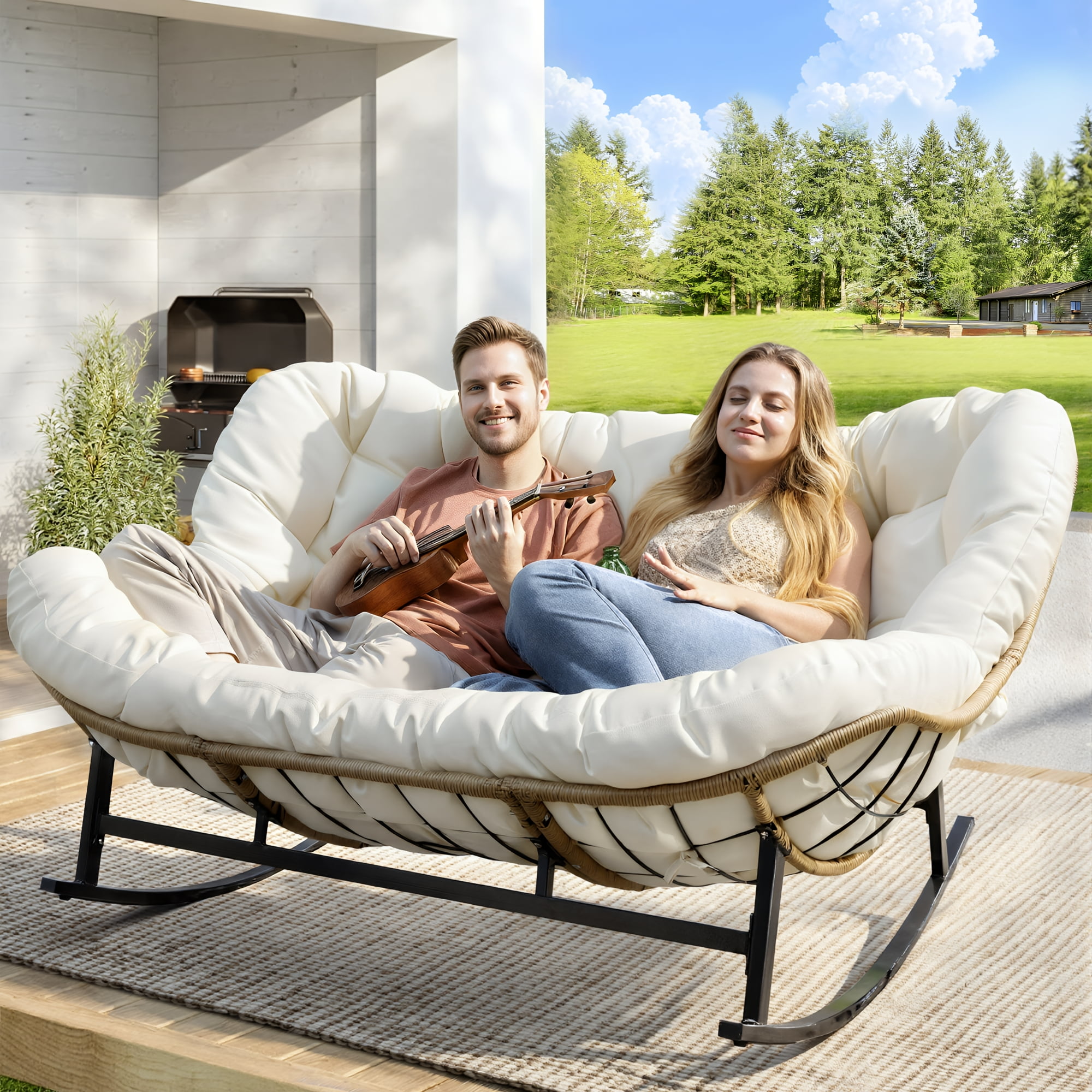 RADIATA Double Papasan Rocking Chair with Cushion, 2-Person Patio Egg ...
