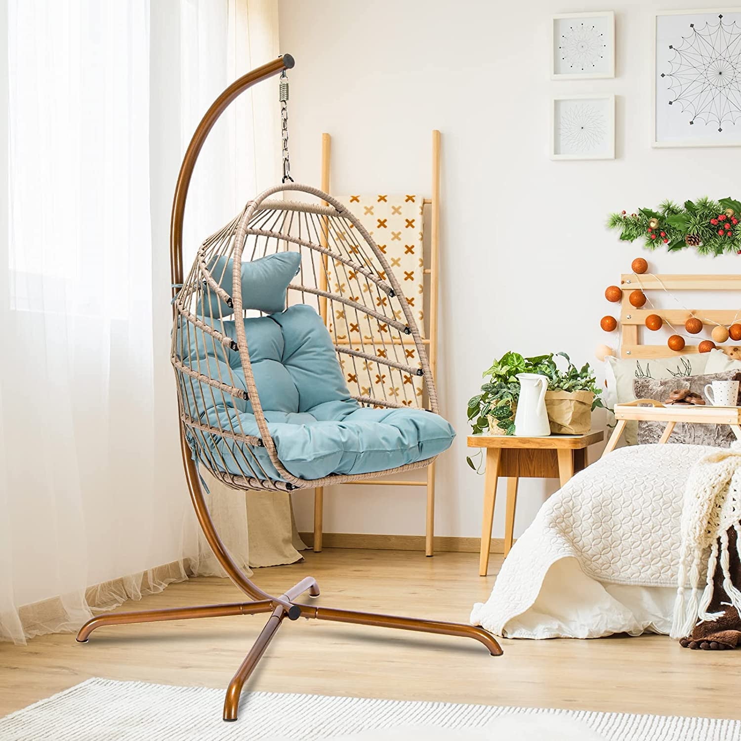 NICESOUL Blue Outdoor Egg Chair with Stand, Indoor Foldable Hanging ...