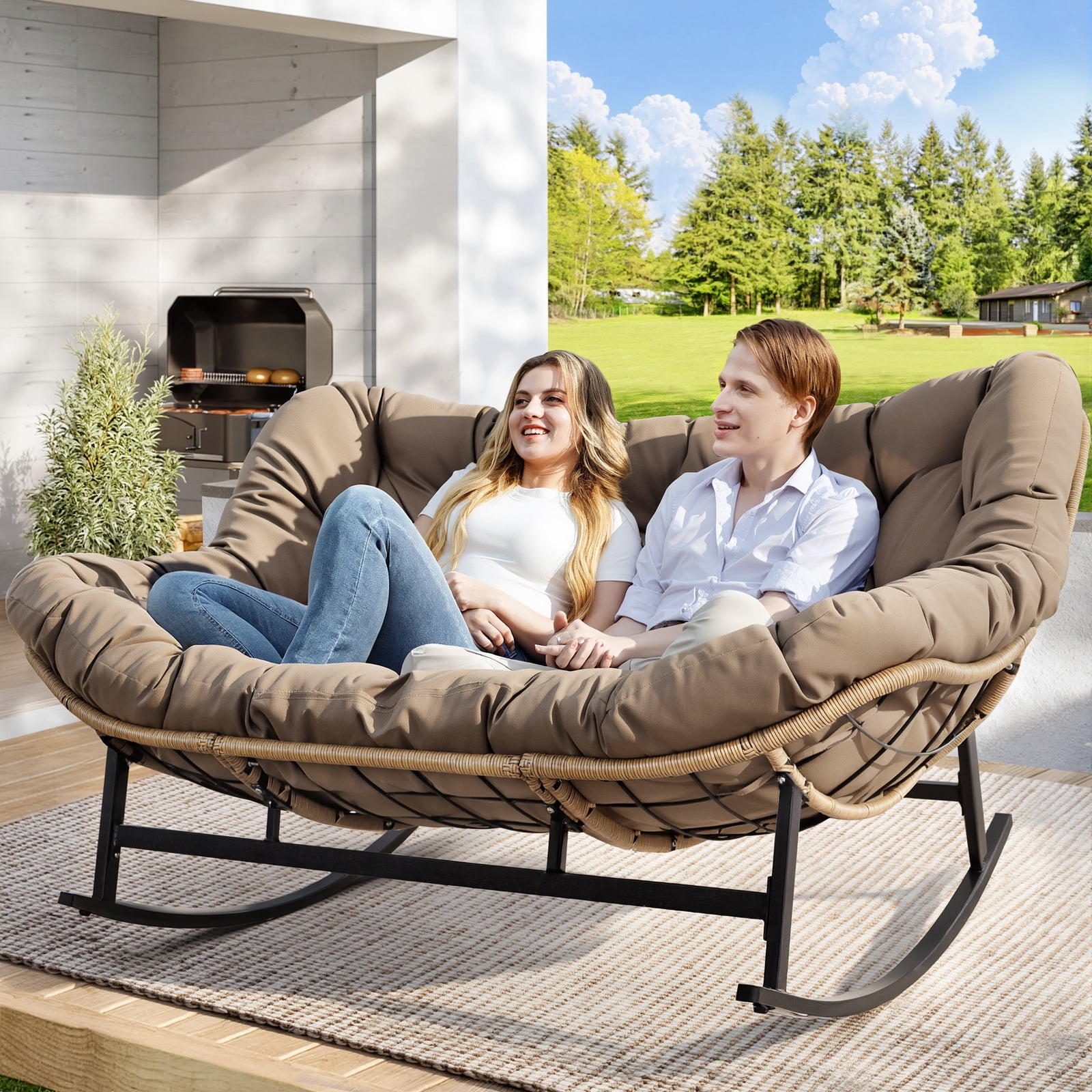 RADIATA Double Papasan Rocking Chair with Cushion, 2-Person Patio Egg ...