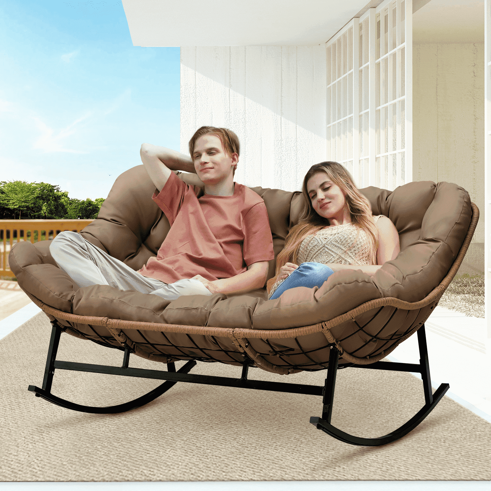 RADIATA Brown Double Outdoor Rocking Chair,2 Person Patio Rocking Egg ...
