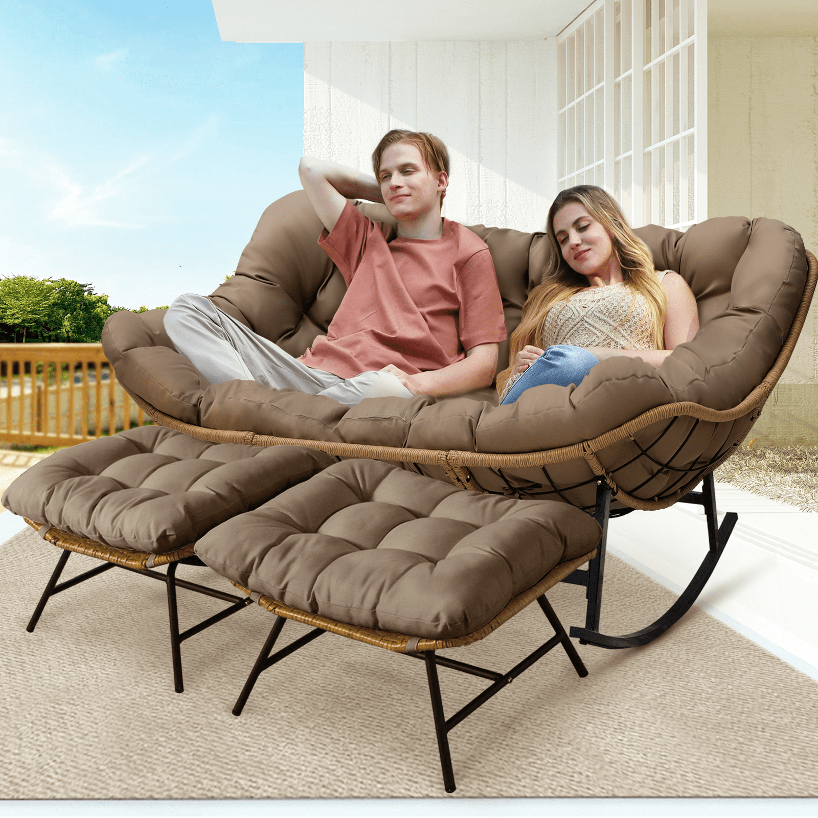 RADIATA 2-Person Patio Rocking Papasan Chair with Ottoman, Oversized ...