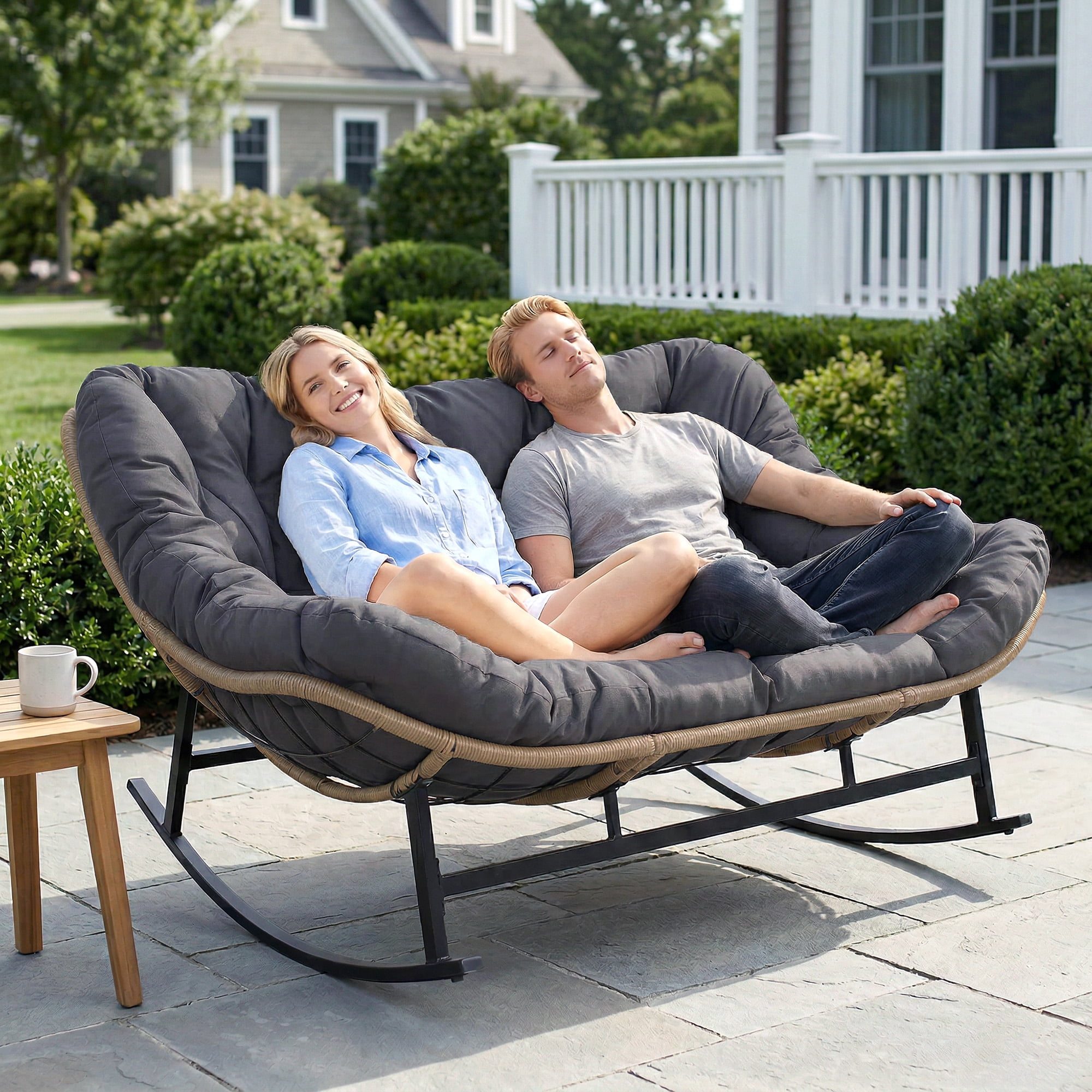 RADIATA Double Papasan Rocking Chair with Cushion, 2-Person Patio Egg ...