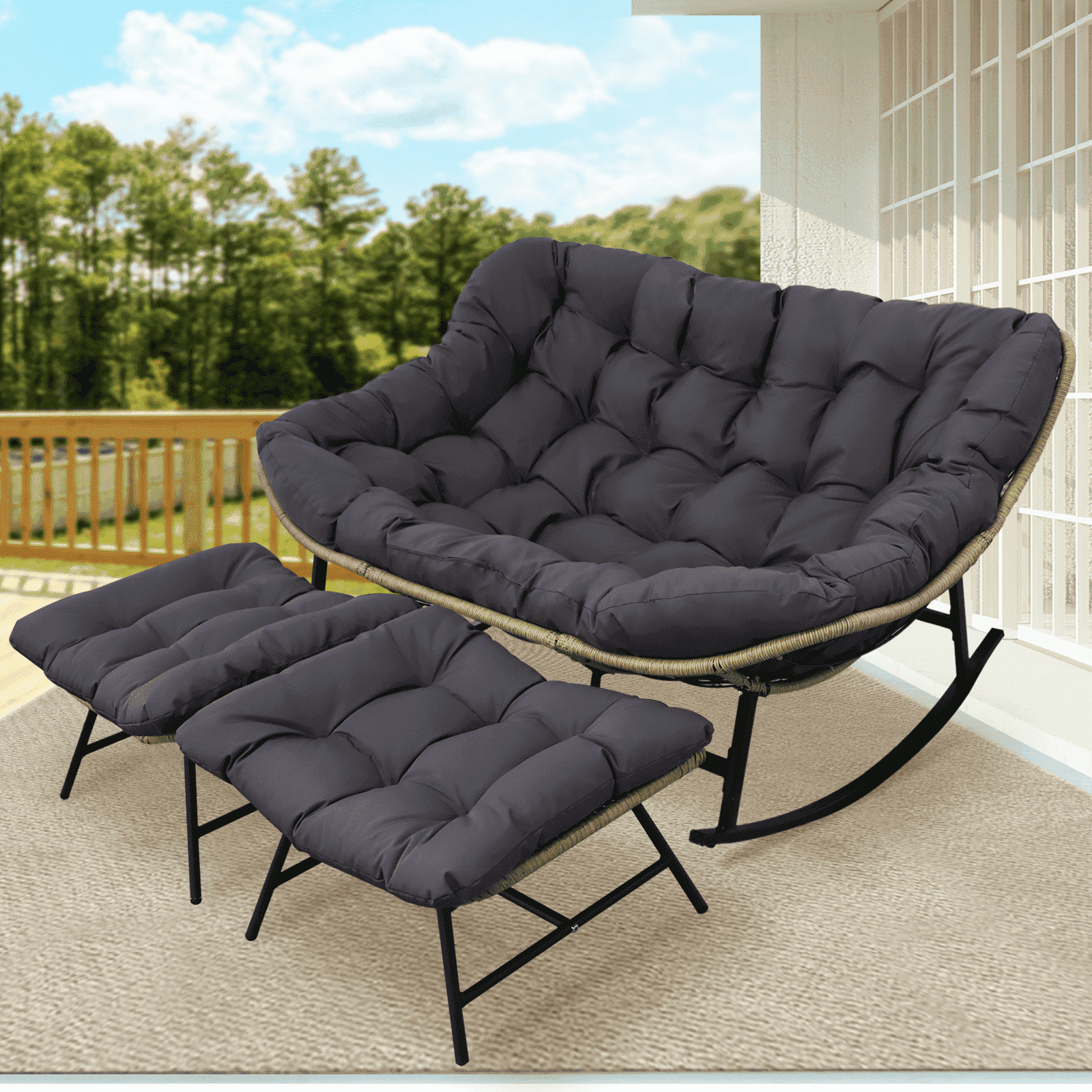 NICESOUL Dark Gray Double Outdoor Rocking Chair with Ottoman,2 Person ...