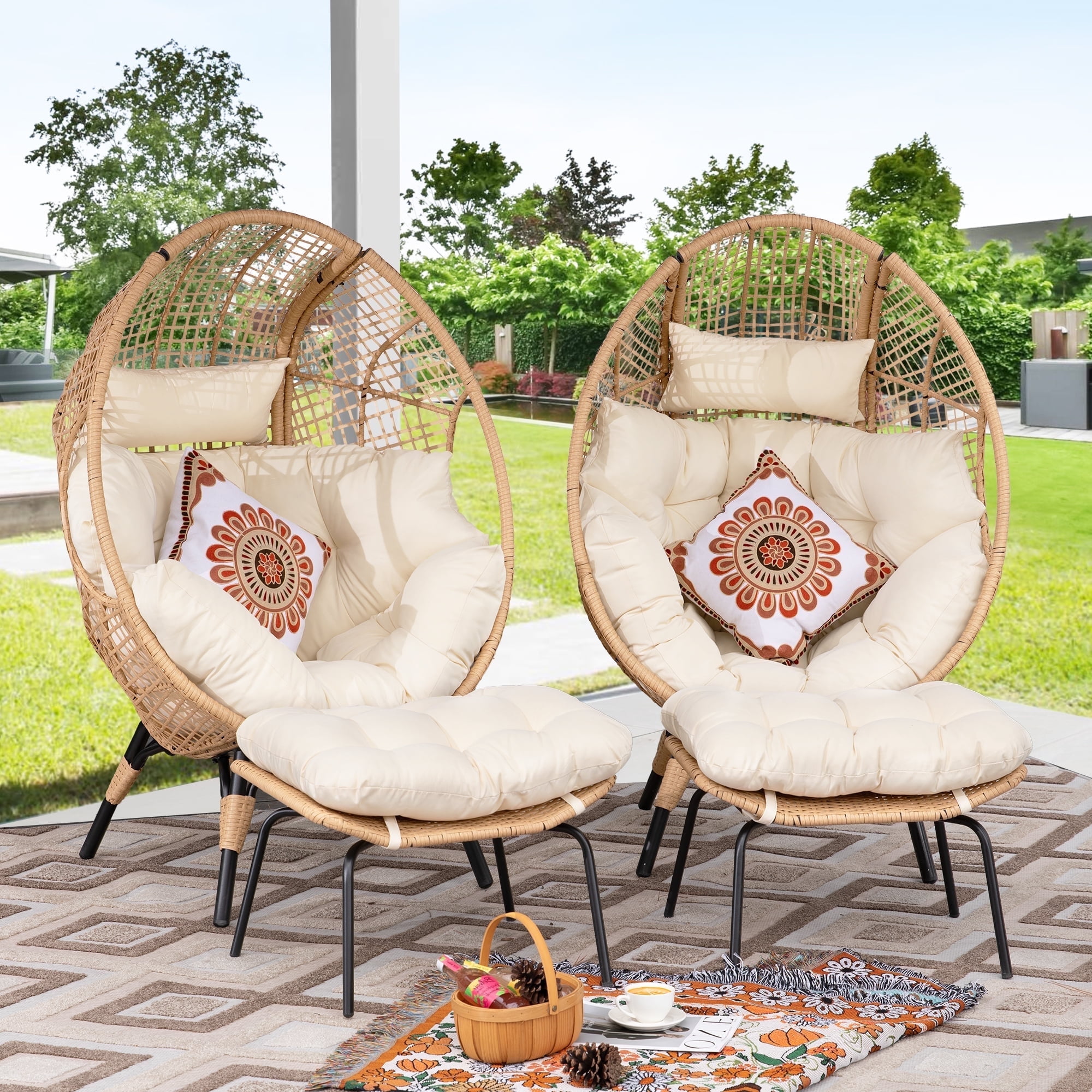 NICESOUL Outdoor Big Rattan Boho Cushion Woven Egg Chair with Ottoman ...