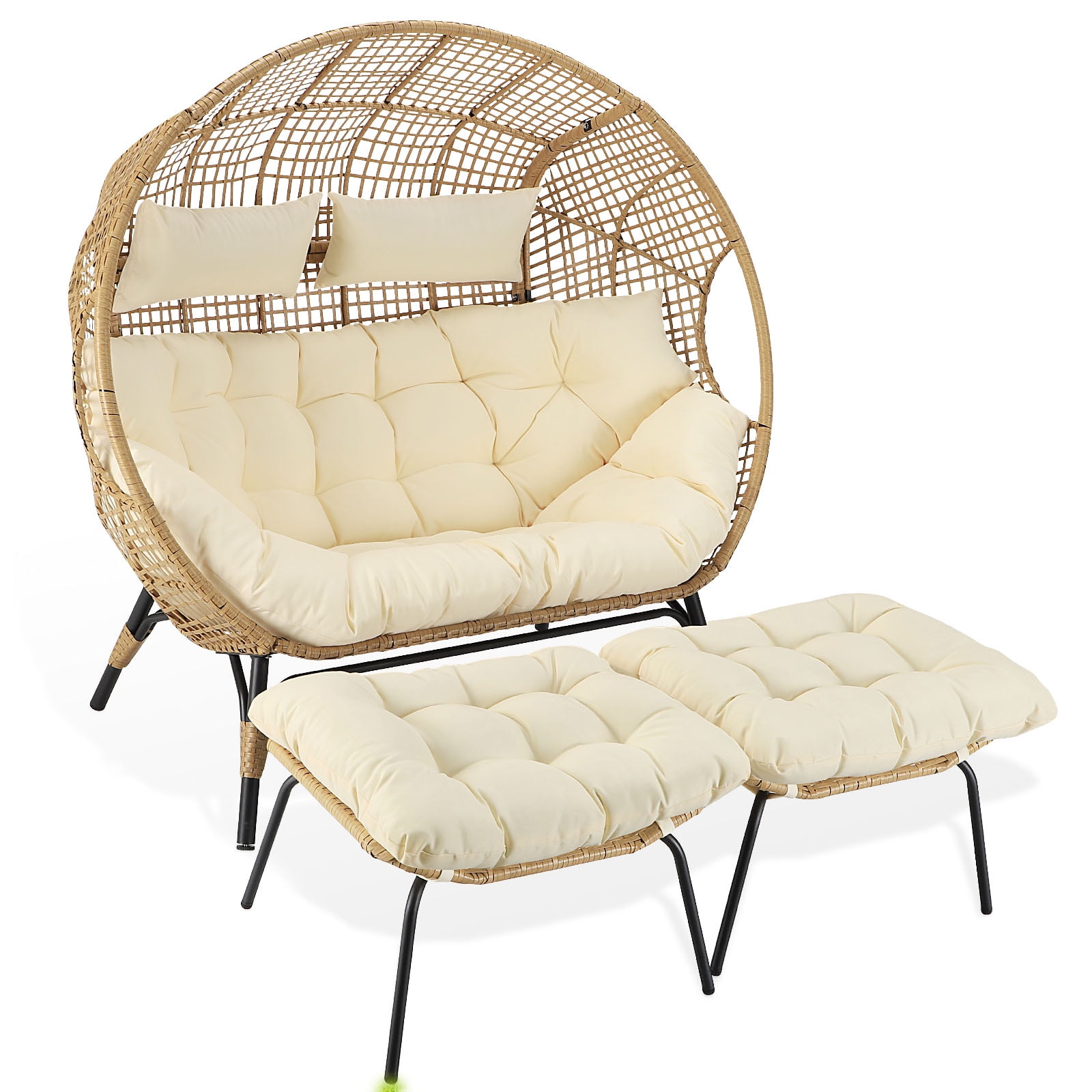 NICESOUL Double PE Rattan Egg Chair with Ottomans Patio 2 Person ...