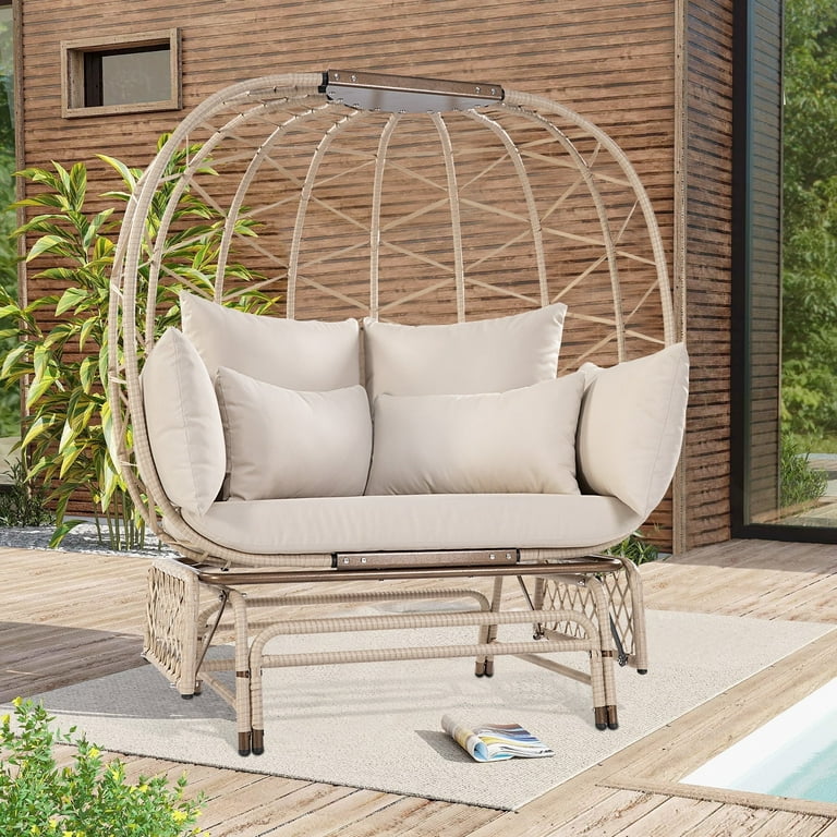 Nicesoul Indoor Outdoor Adult Woven Rattan Double Egg Chair with Deep Nest 500lbs Loveseat Beige