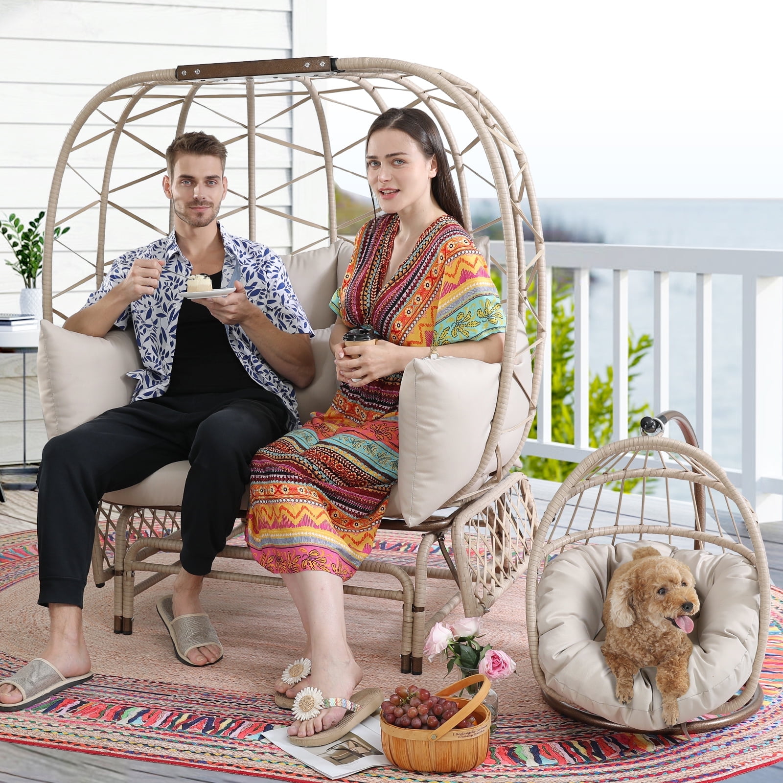 NICESOUL Double Wicker Rocking Egg Chair Indoor Outdoor Oversized Egg ...