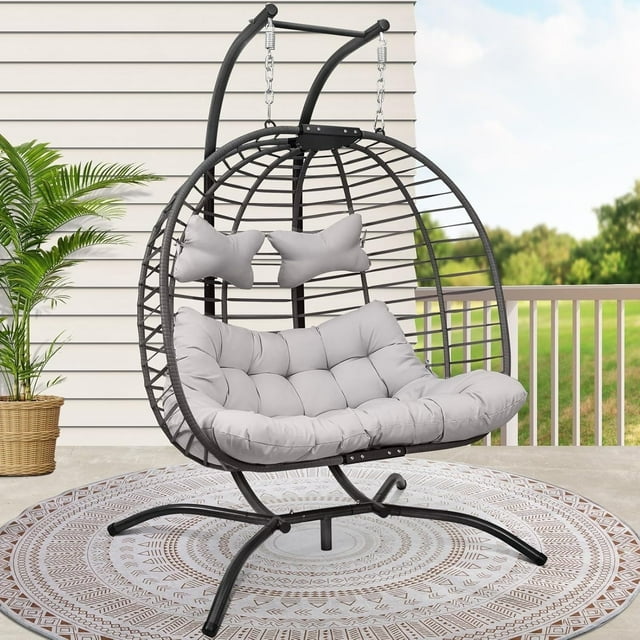 Double Wicker Swing Egg Chair 2 Person Hanging Egg Chair with Stand ...