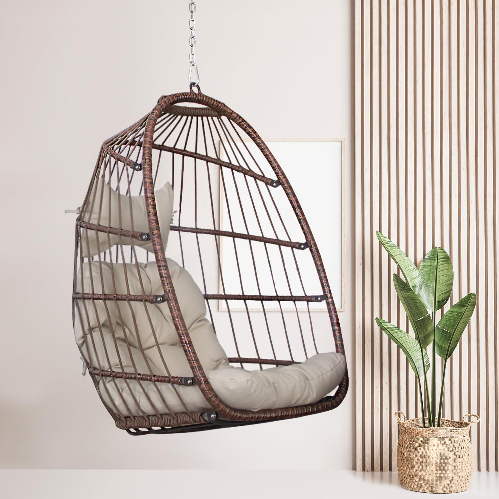 NICESOUL Indoor Outdoor Brown Wicker Hanging Egg Chair Without Stand ...