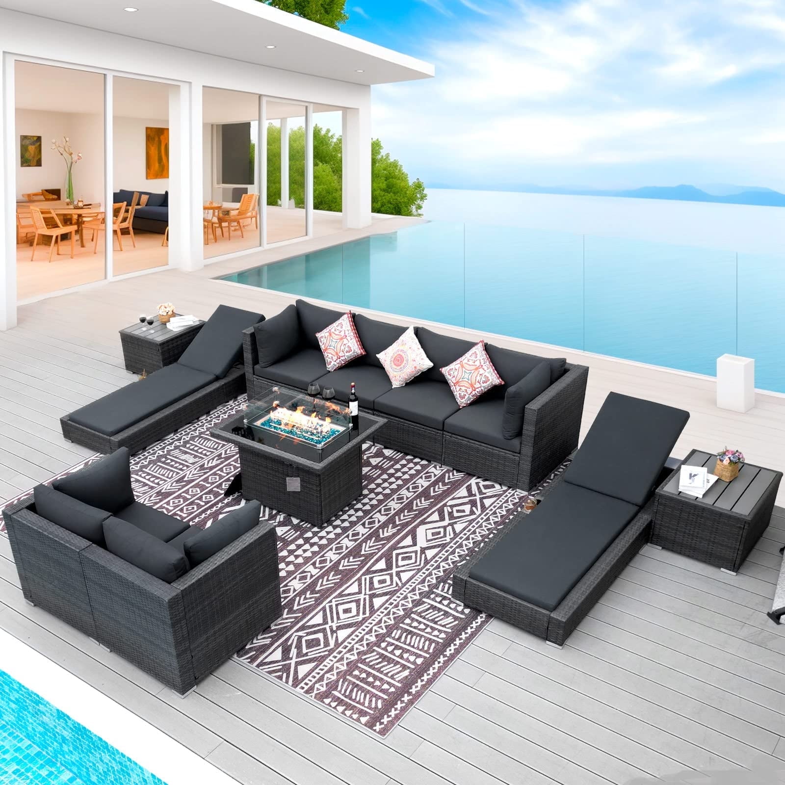 NICESOUL® Large Rattan Patio Furniture Set with Fire Pit Table Plastic ...