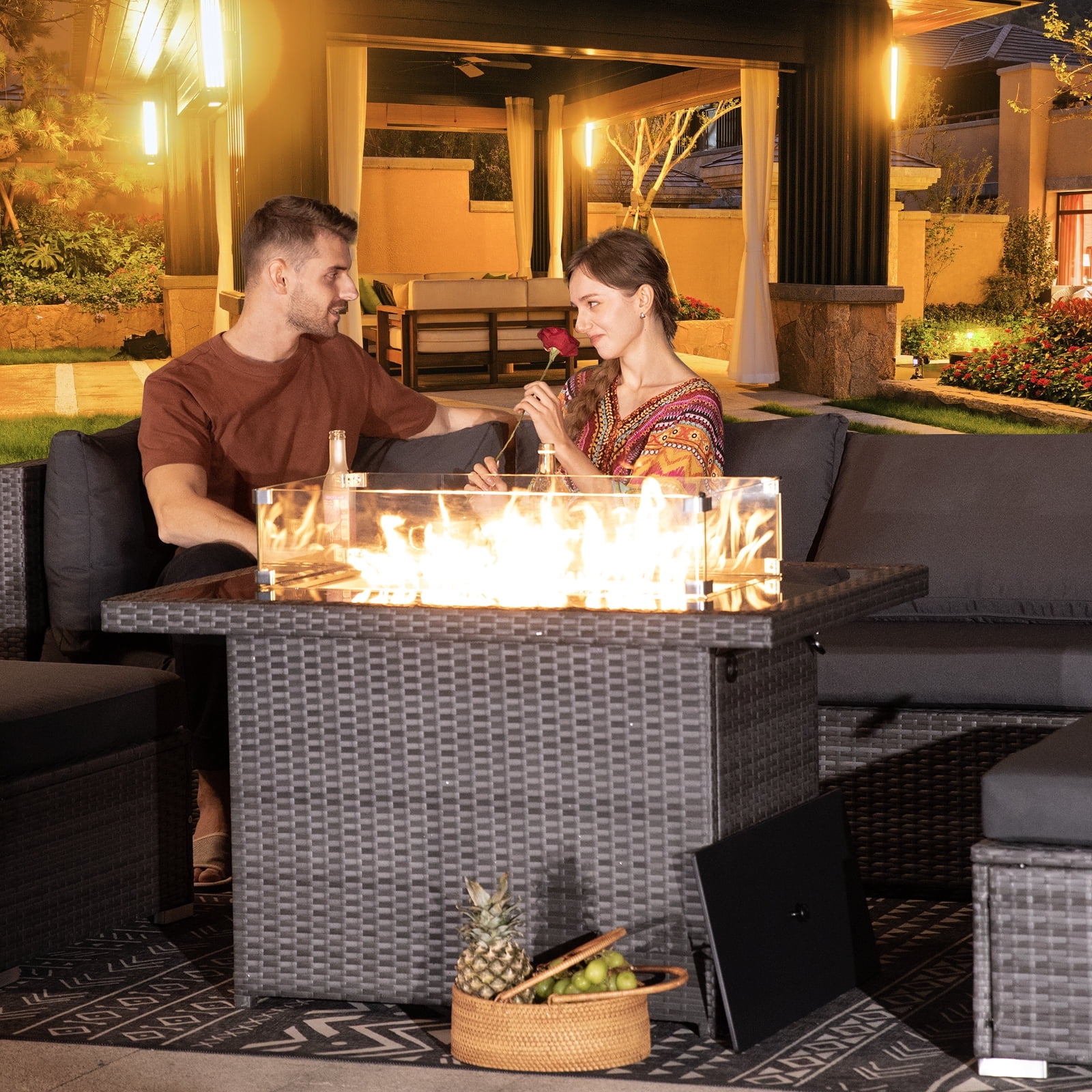 NICESOUL Outdoor 43'' Rectangular Gray Wicker Propane Fire Pit Table ...