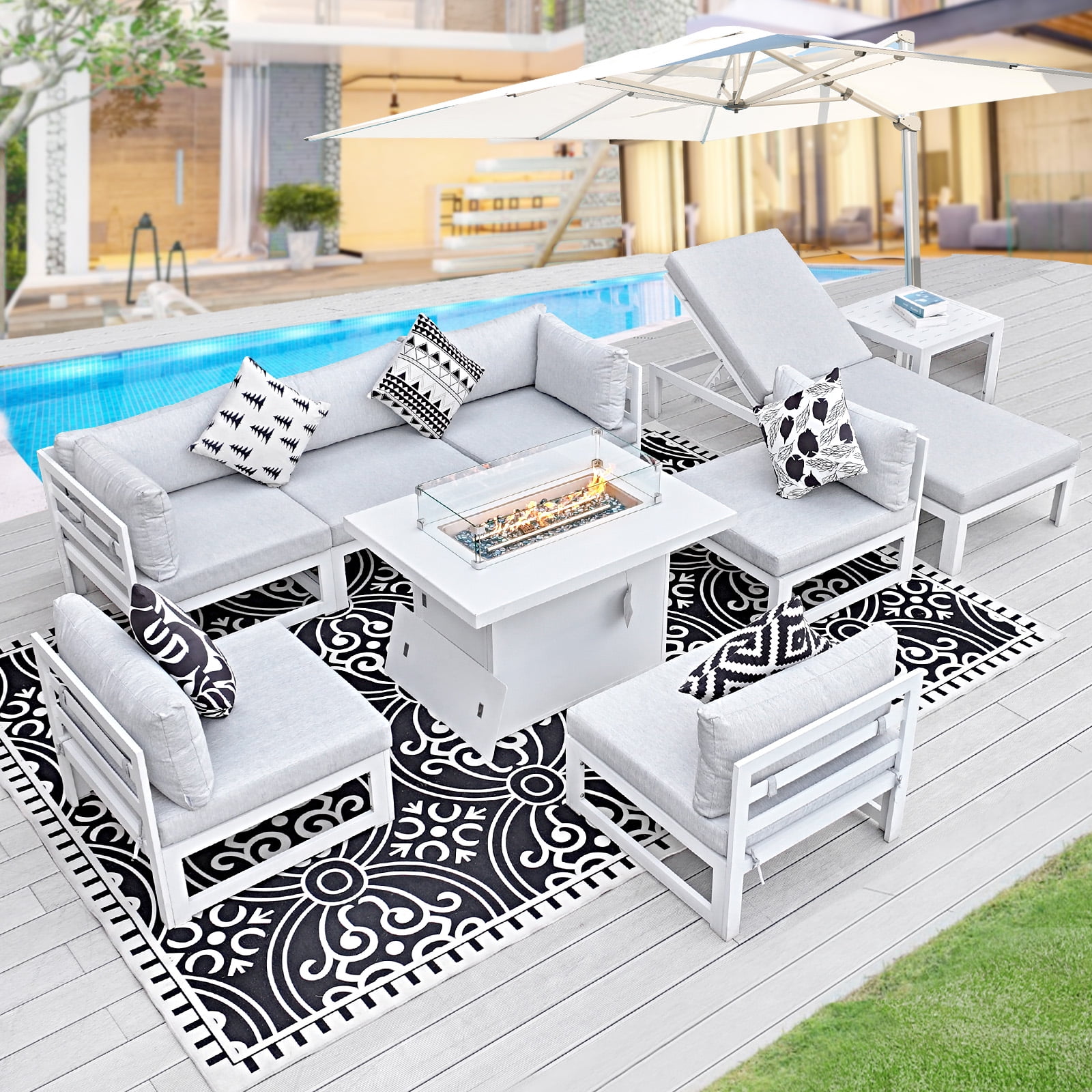 NICESOUL Outdoor 9pcs Aluminum Furniture Set with Propane Fire Table ...