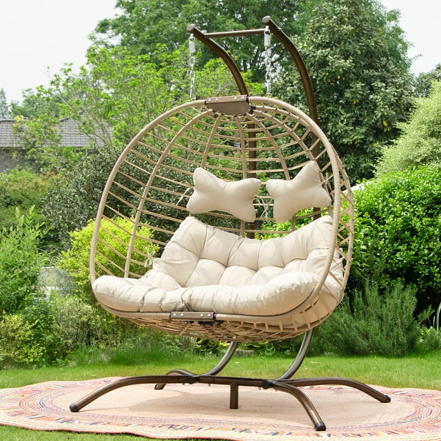 NICESOUL Outdoor Double Hanging Egg Chair with Stand PE Wicker ...