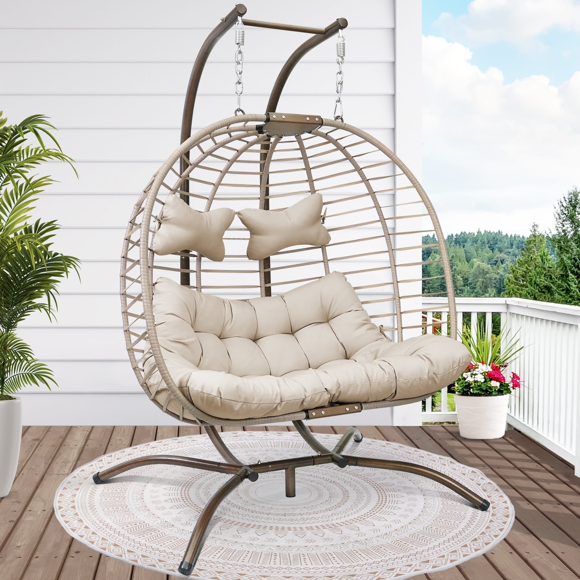 RADIATA Outdoor Double Hanging Egg Chair, PE Wicker, Beige, 2 Person ...
