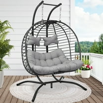 SWITTE Swing Egg Chair with Stand 2 Person Beige Wicker Egg Chairs ...
