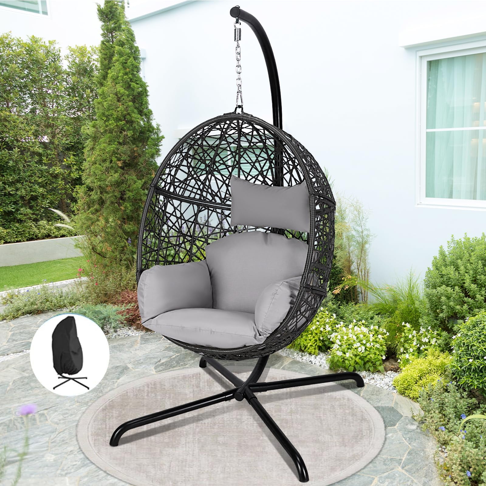 NICESOUL Oversized PE Wicker Light Gray Swing Egg Nest Chair with Stand ...