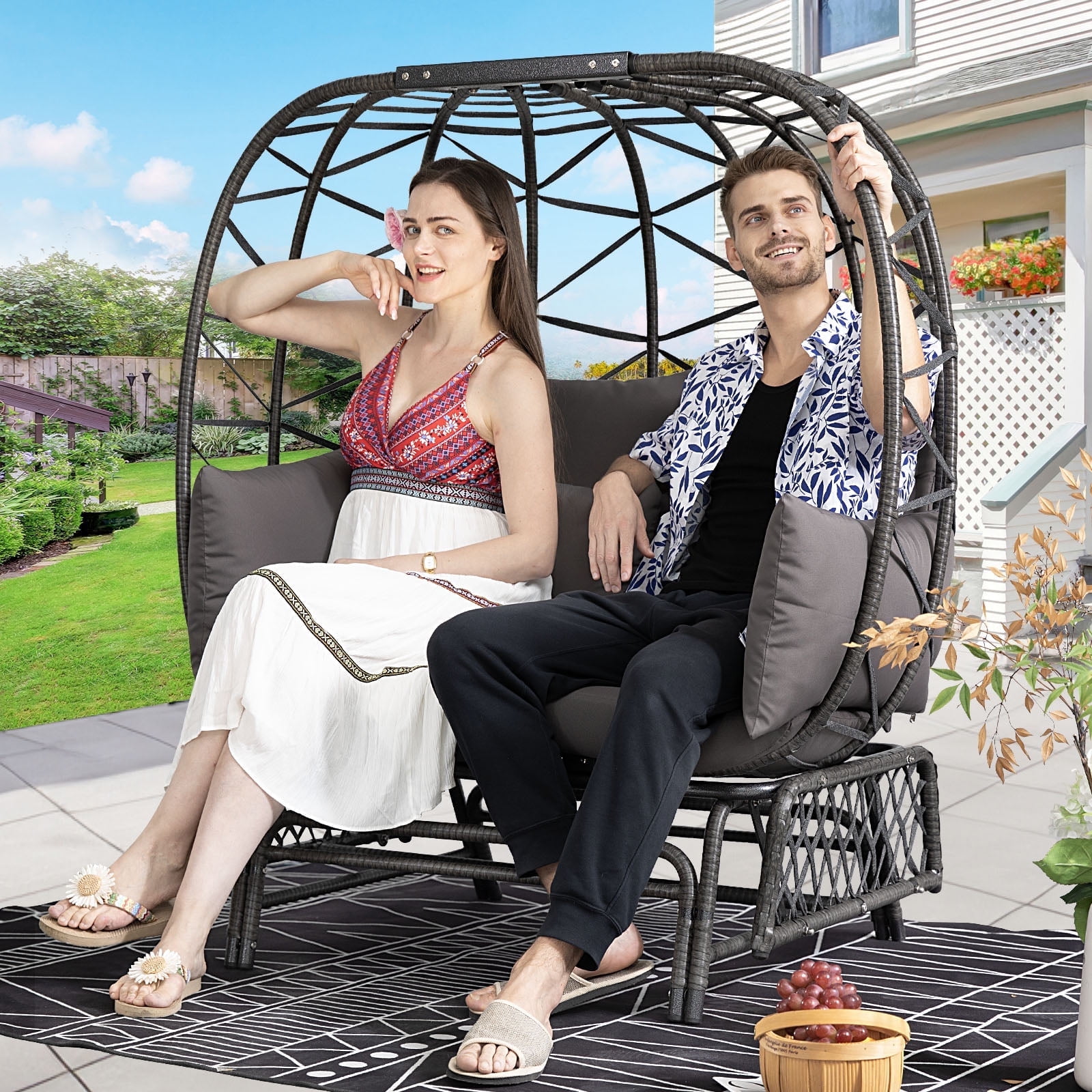NICESOUL Oversized Gray Wicker Double Rocking Egg Chair, Indoor/Outdoor ...
