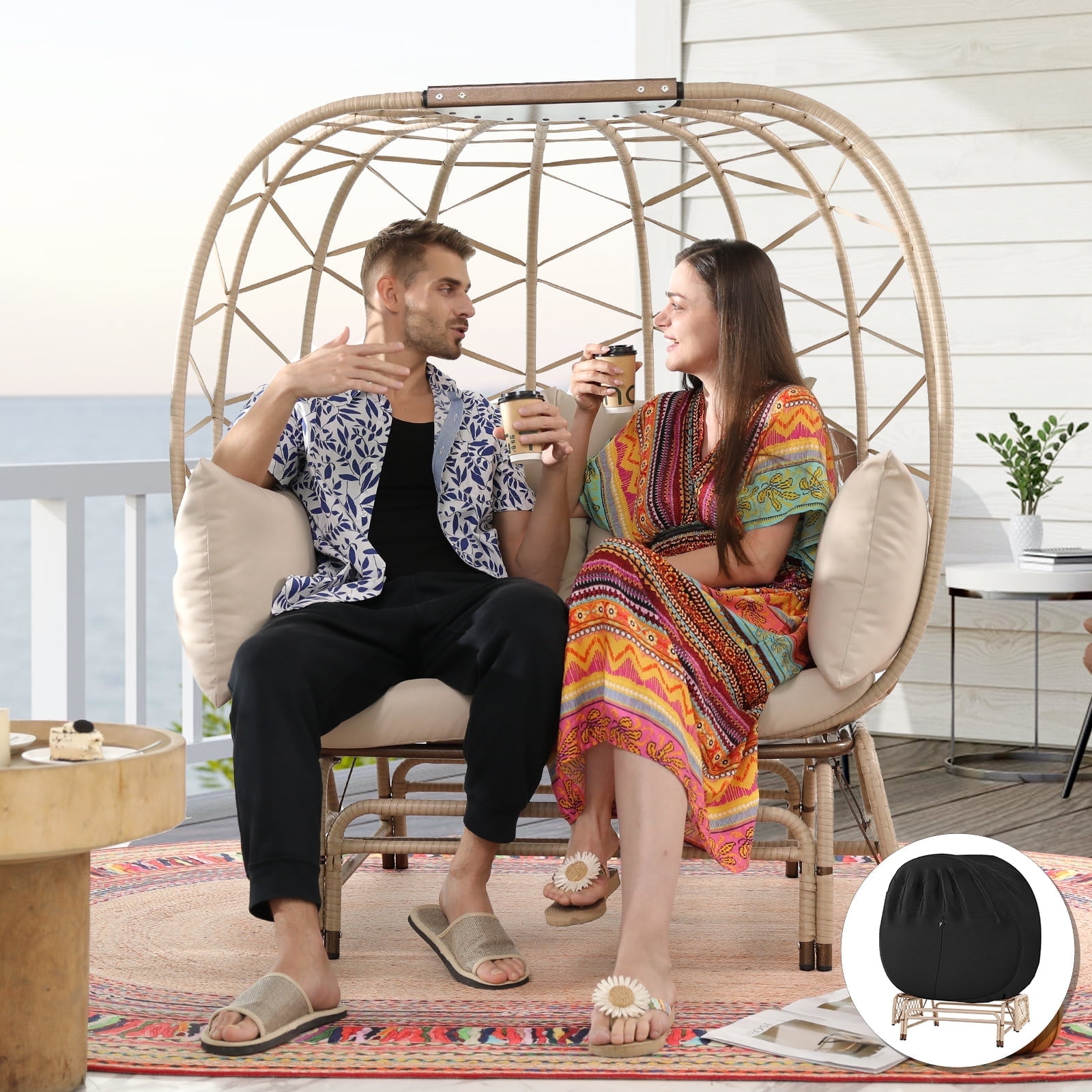 NICESOUL Double Wicker Rocking Egg Chair, Indoor/Outdoor, Oversized ...