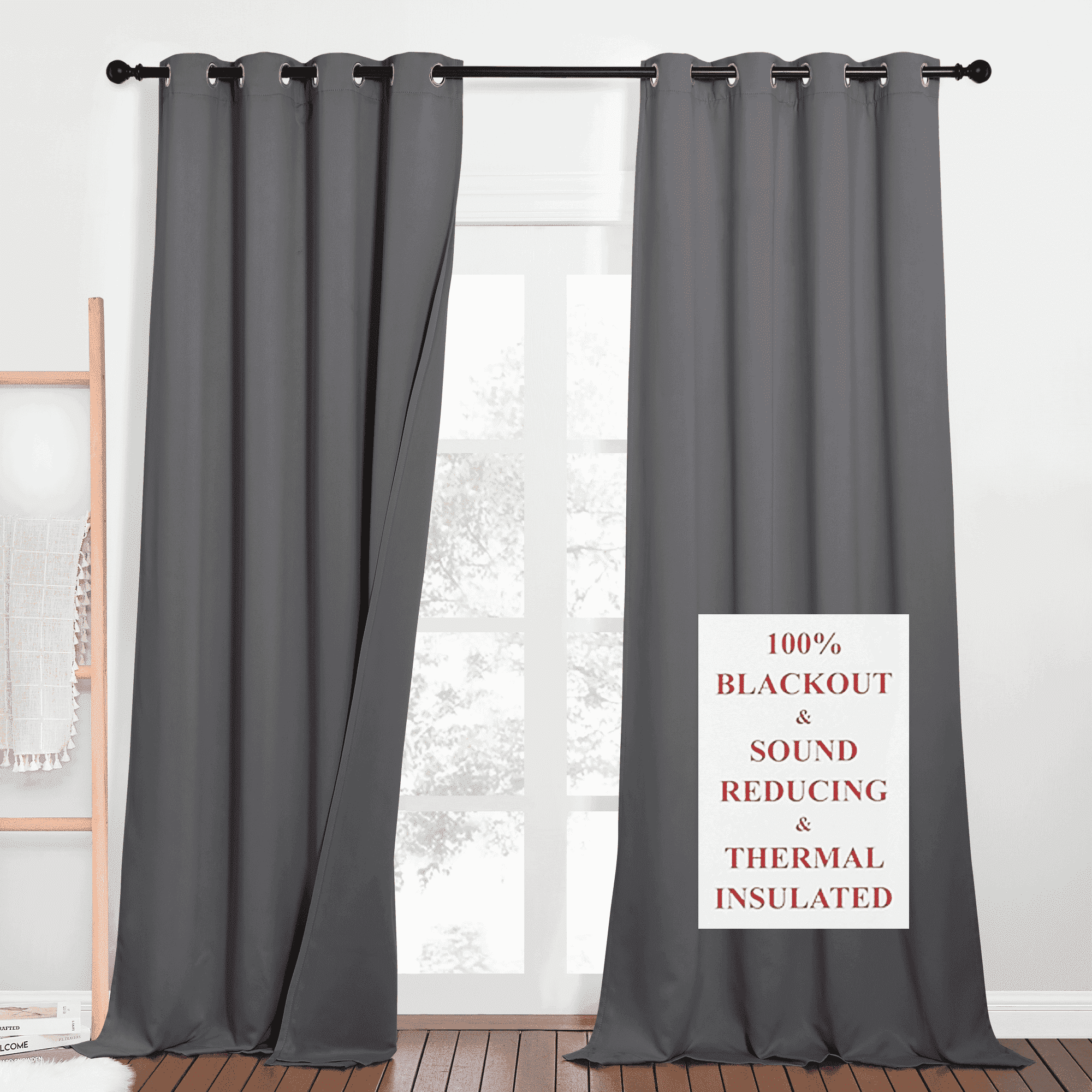 NICETOWN 100% Blackout Curtains 3-in-1 Set Sound Absorbing Blackout ...