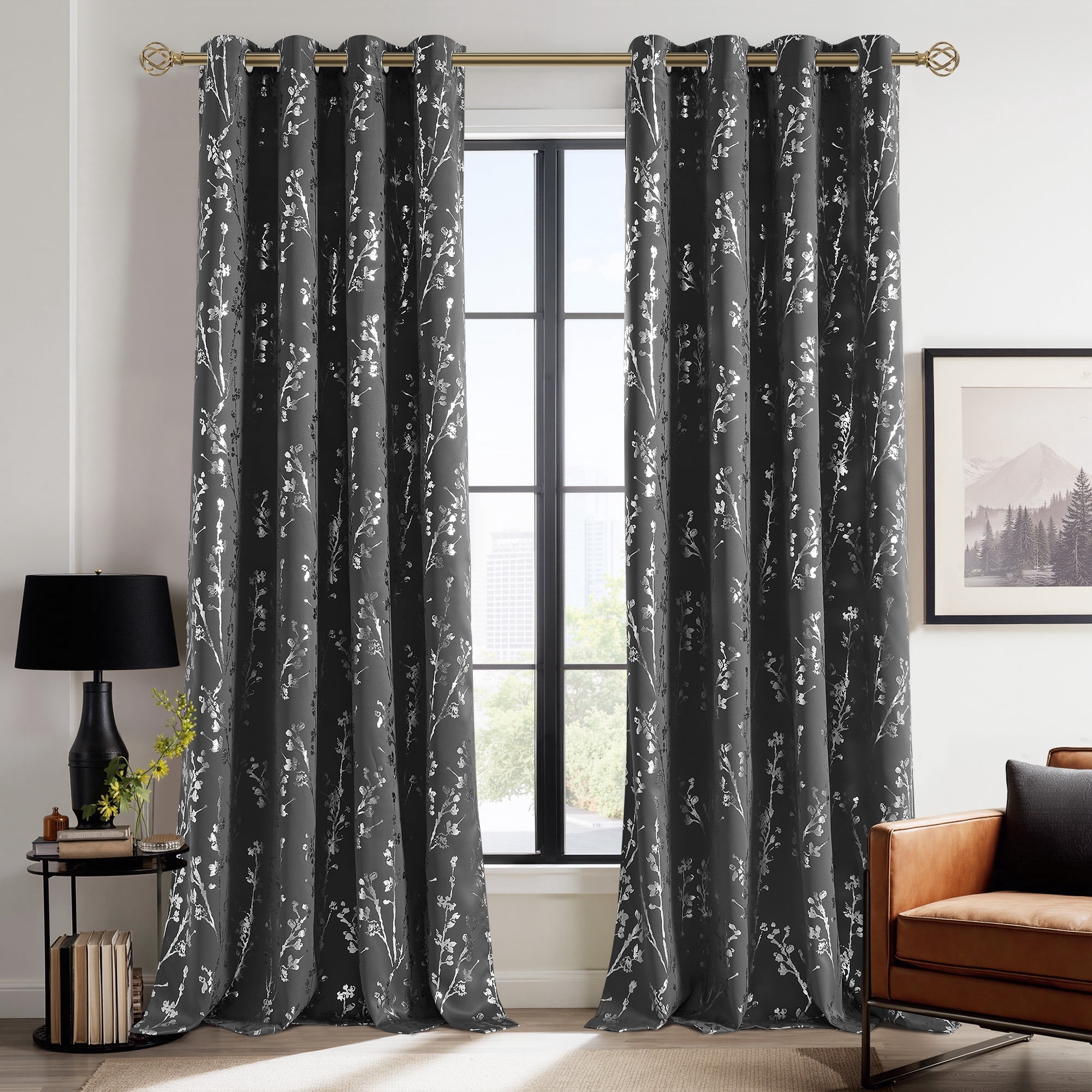 NICETOWN 100% Blackout Curtains, Silver Grey Foil Branch Curtains for ...