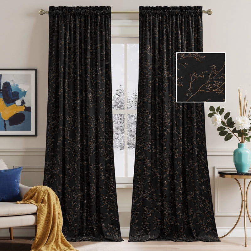 NICETOWN Black Velvet Curtains for Bedroom, Print Floral Curtains ...