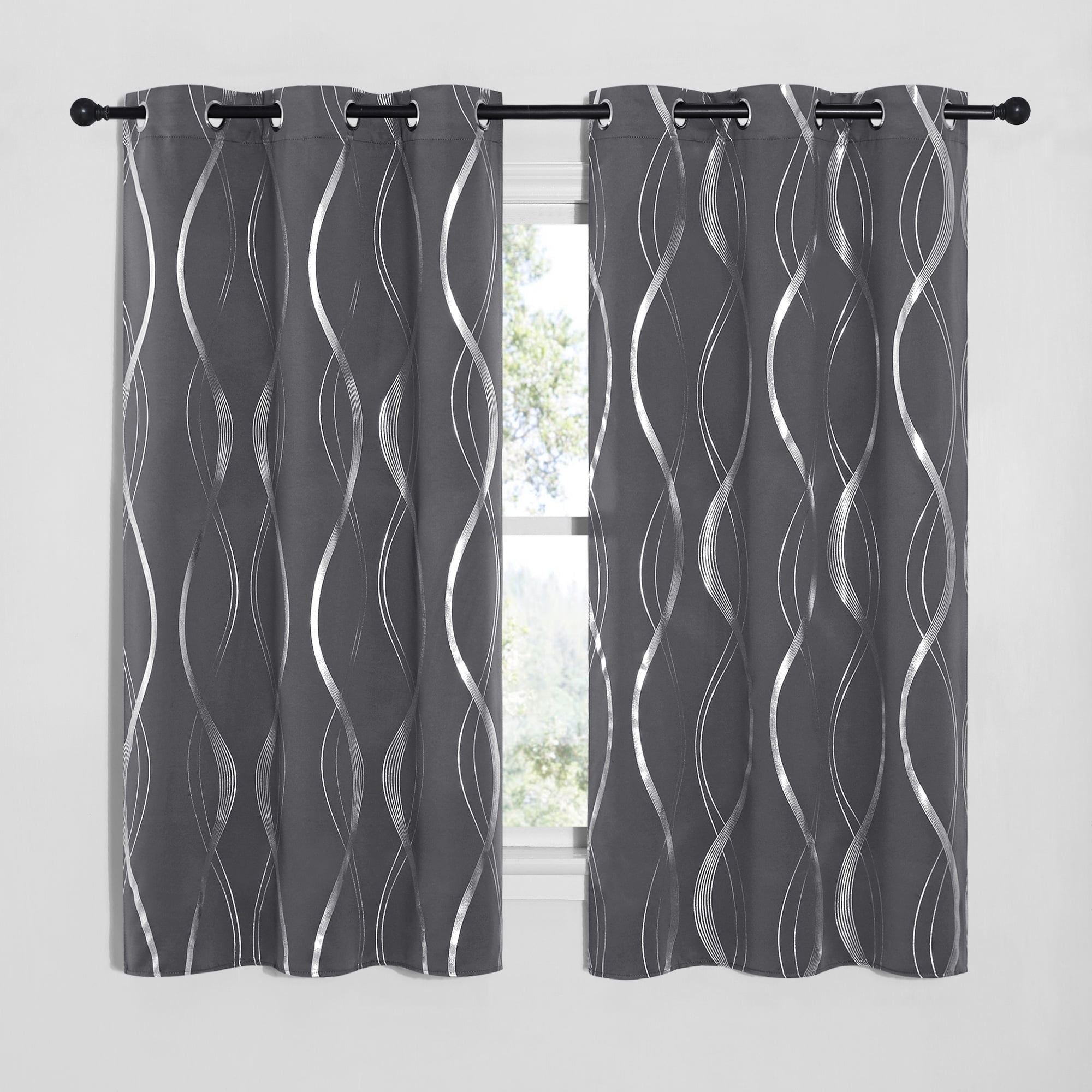NICETOWN Grey Blackout Curtains for Bedroom Long Wave Line Foil Print ...
