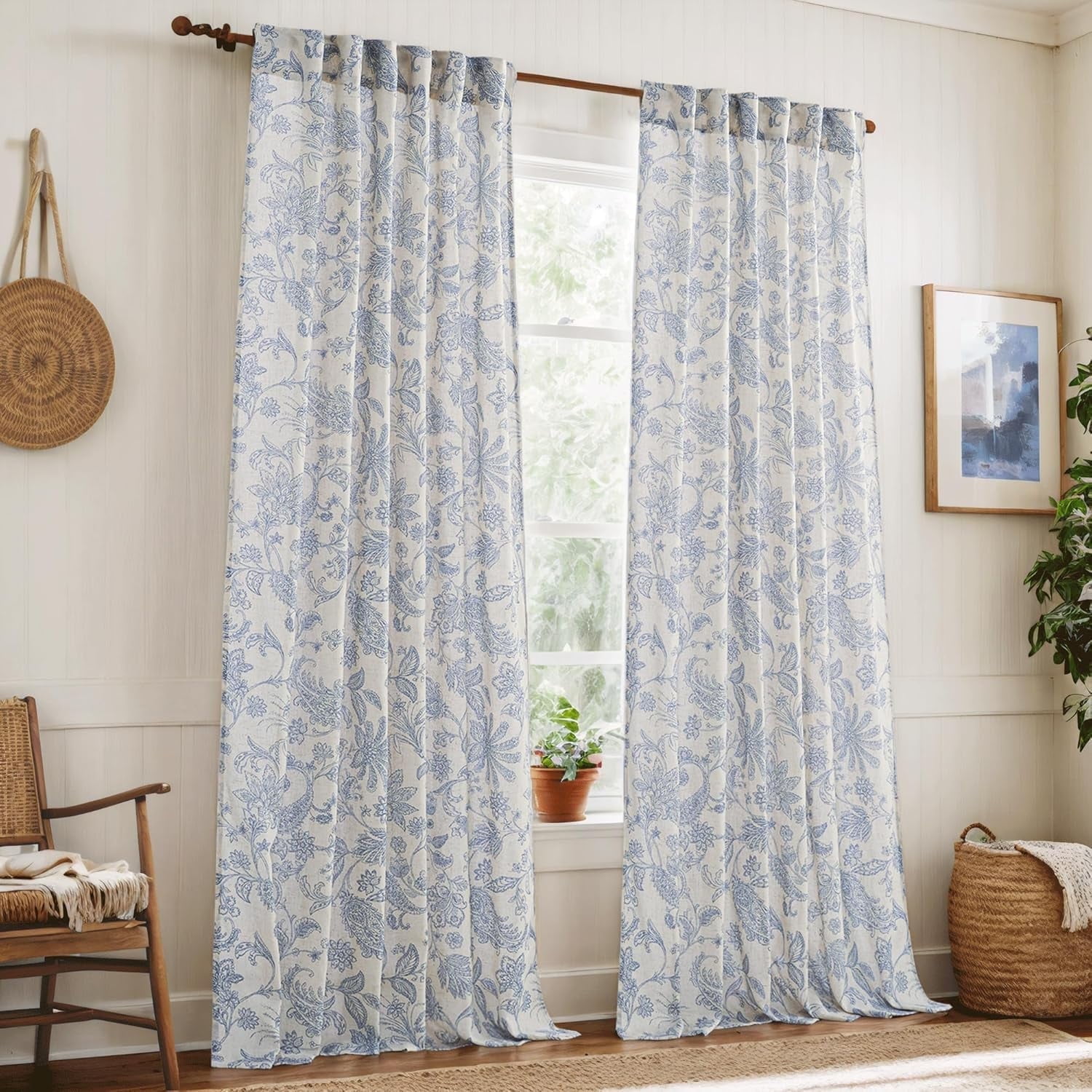 NICETOWN Linen Blend Curtains Floral Pattern for Living Room 96 inches ...