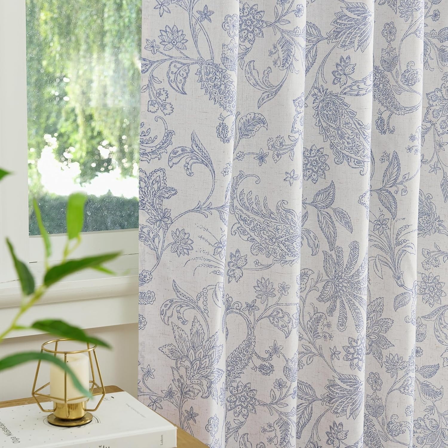 NICETOWN Blue Floral Print Curtains 84 inches, Farmhouse Semi Sheer ...
