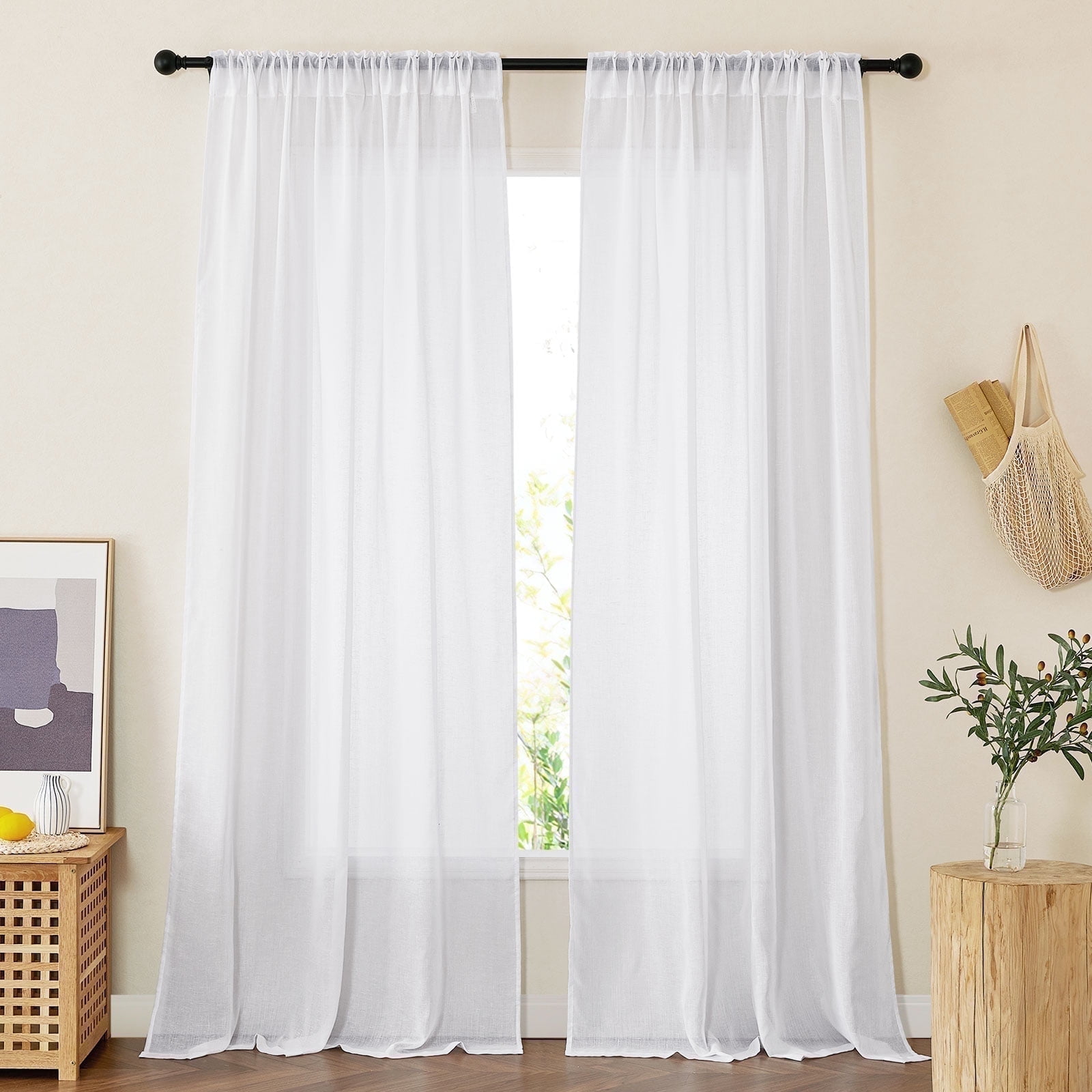 NICETOWN Linen Curtains for Living Room, Semi Sheer Linen Blend Panels ...