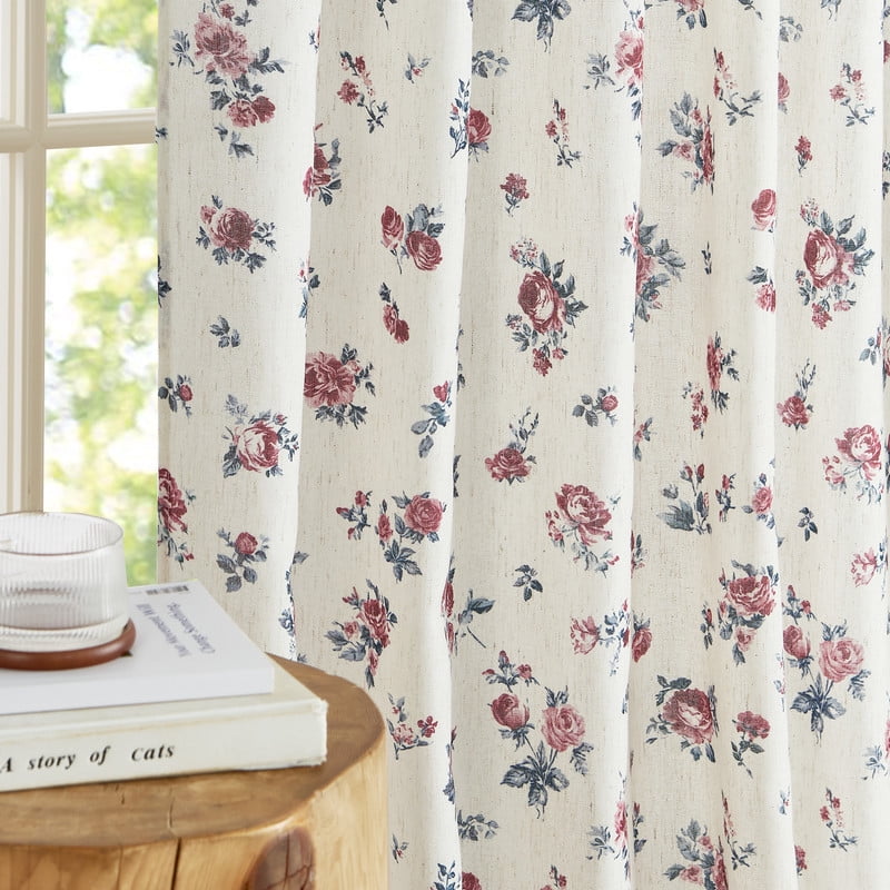 NICETOWN Linen Floral Curtains 84 inches Long for Kitchen, Back Tab Rod ...