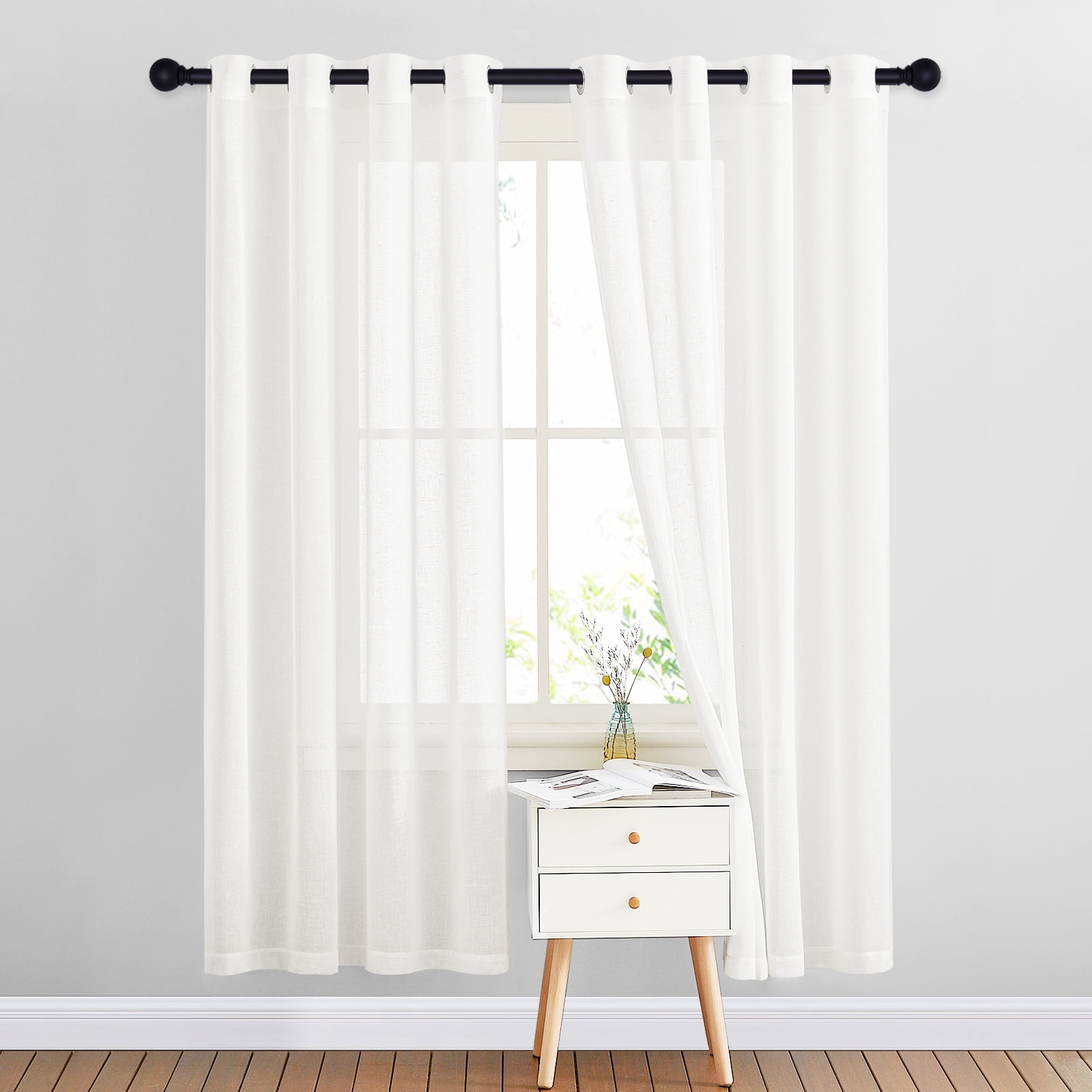 NICETOWN Linen Textured Semi Sheer Bedroom Curtains, Grommet Top Casual ...