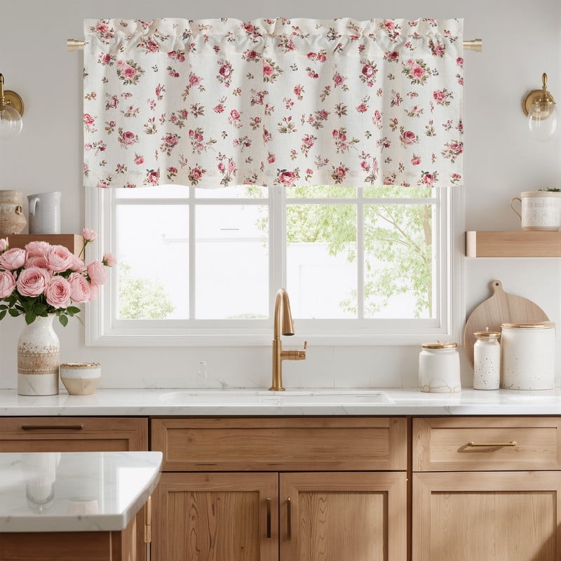 NICETOWN Linen Valances for Windows, Red Rose Flower Linen Curtains Rod ...