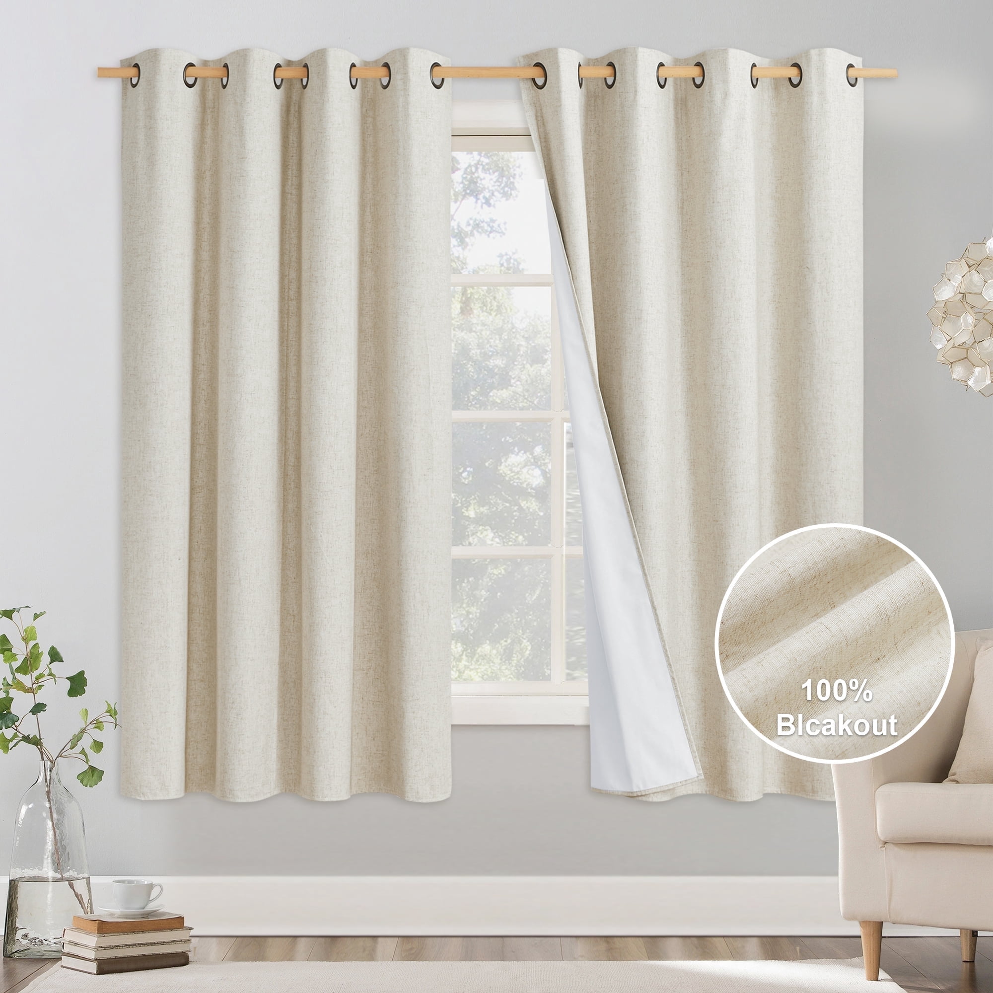 NICETOWN Natural 100% Blackout Linen Curtains 63 inch Long 52" Wide, 2 ...