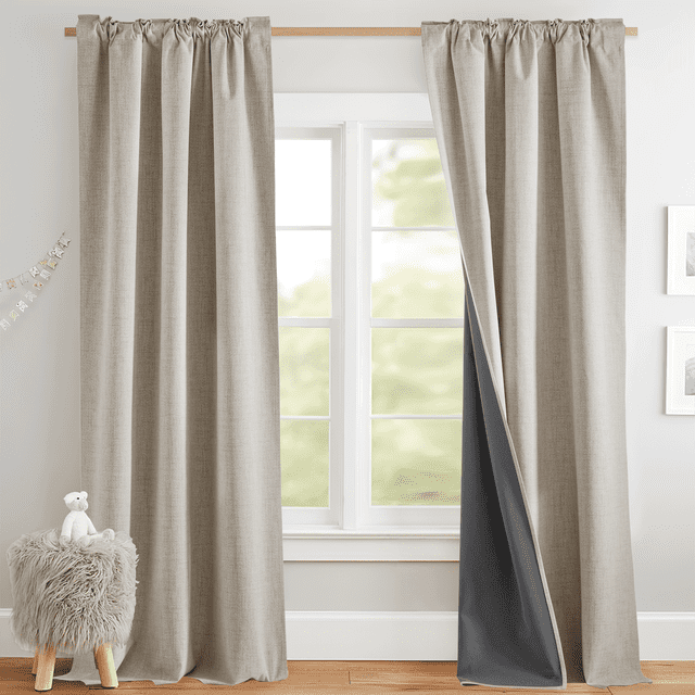 NICETOWN Natural Faux Linen 100% Blackout Curtains for Living Room, Full Room Darkening Thermal ...
