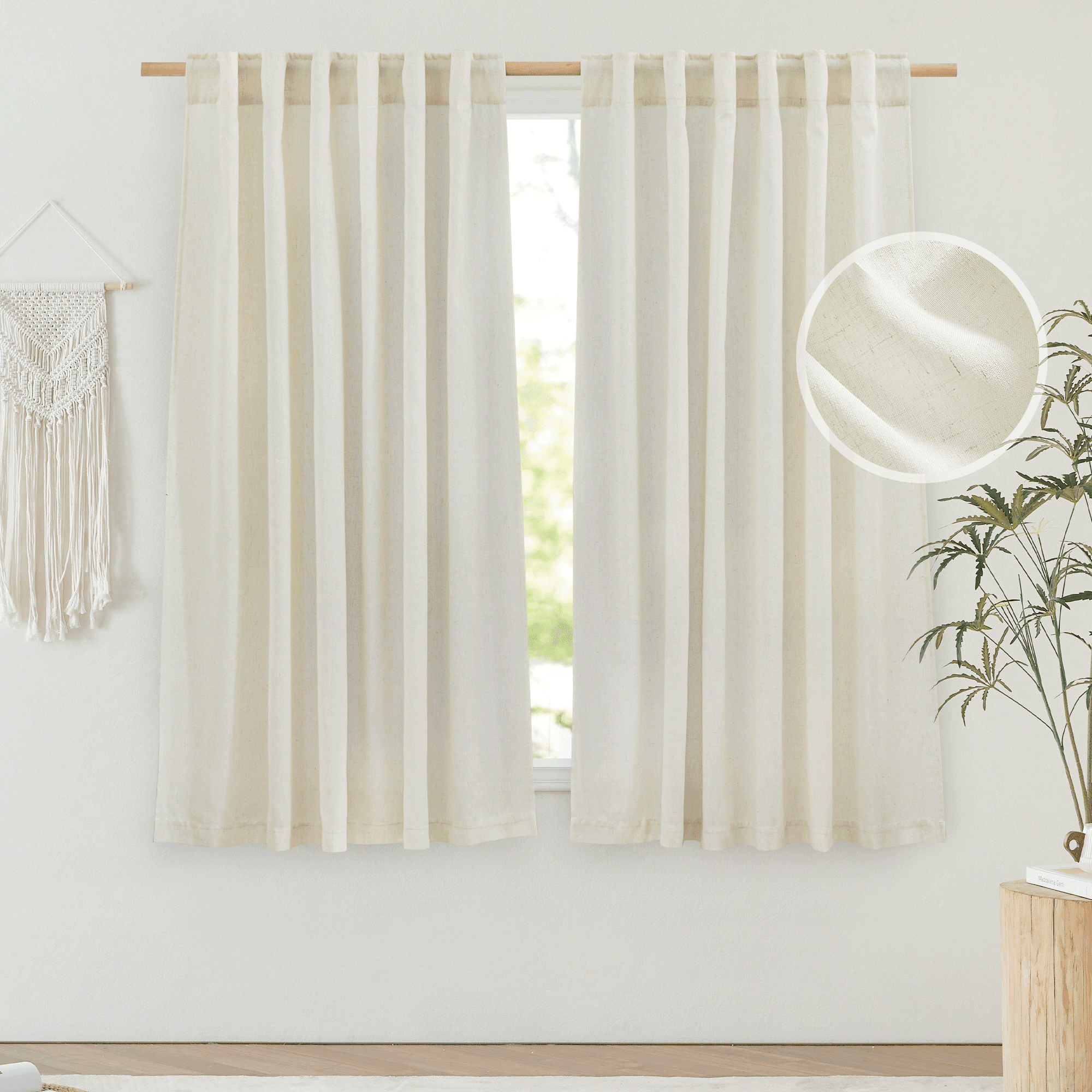 NICETOWN Natural Linen Curtains 63 inch Length 55" Wide for Kitchen, 2 ...