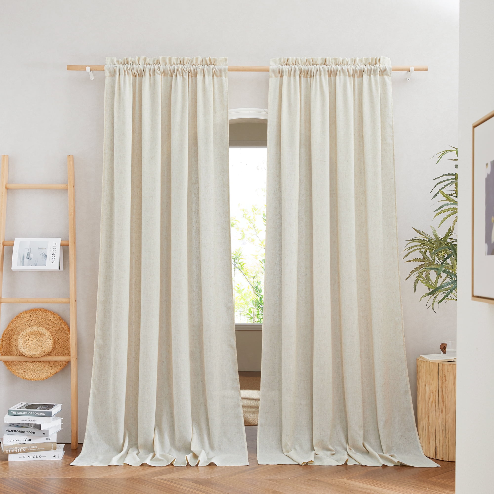 NICETOWN Natural Linen Curtains 90 inches Long, Rod Pocket Thick Flax Semi Sheer Farmhouse ...
