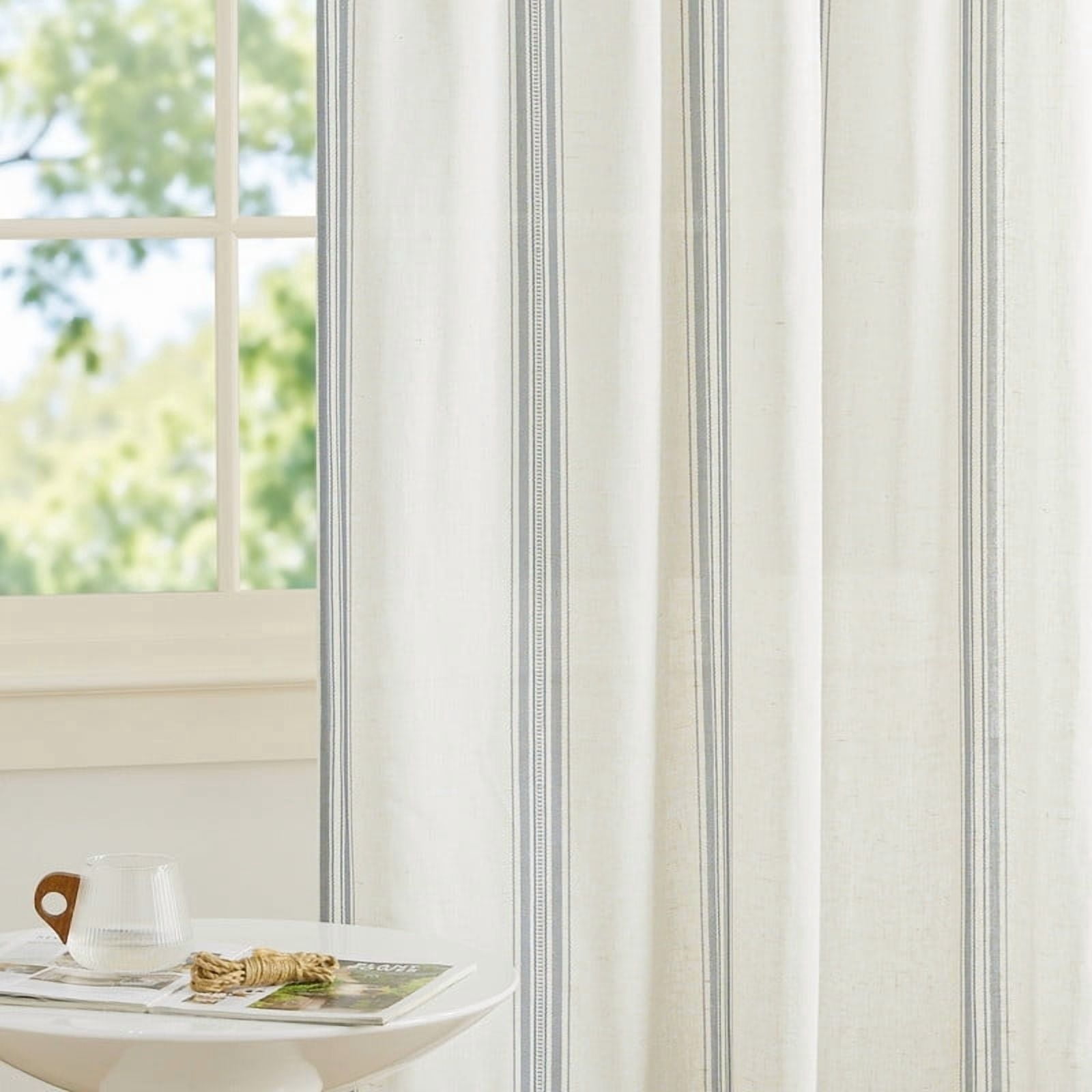 NICETOWN Striped Linen Curtains 96 inches Long for Living Room, Blue ...