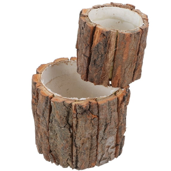 NICEXMAS 2Pcs Light Brown Wooden Flower Pot Rustic Bark Planter with ...