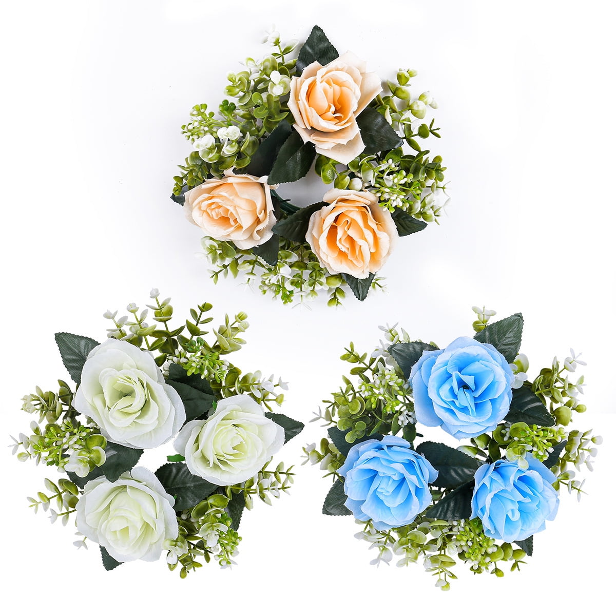 NICKSUN 3Pcs Artificial Rose Candle Rings Wreaths Floral Decor for ...