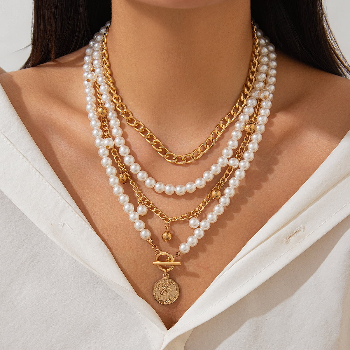 NICKSUN Chunky Golden Layered Pearl Necklaces Set for Women Trendy ...