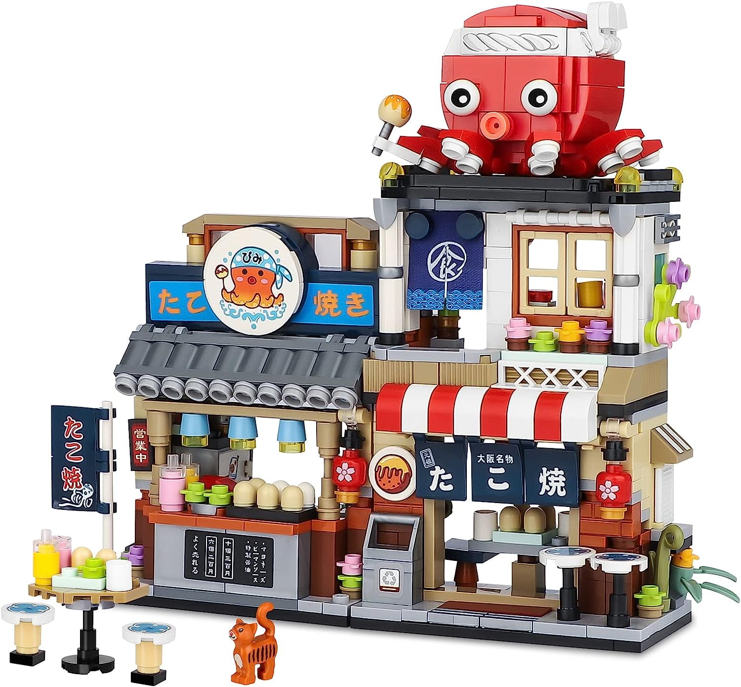 NICKSUN Japanese Street View Takoyaki Shop Mini Building Blocks, MOC Creative Toys Model Set ...